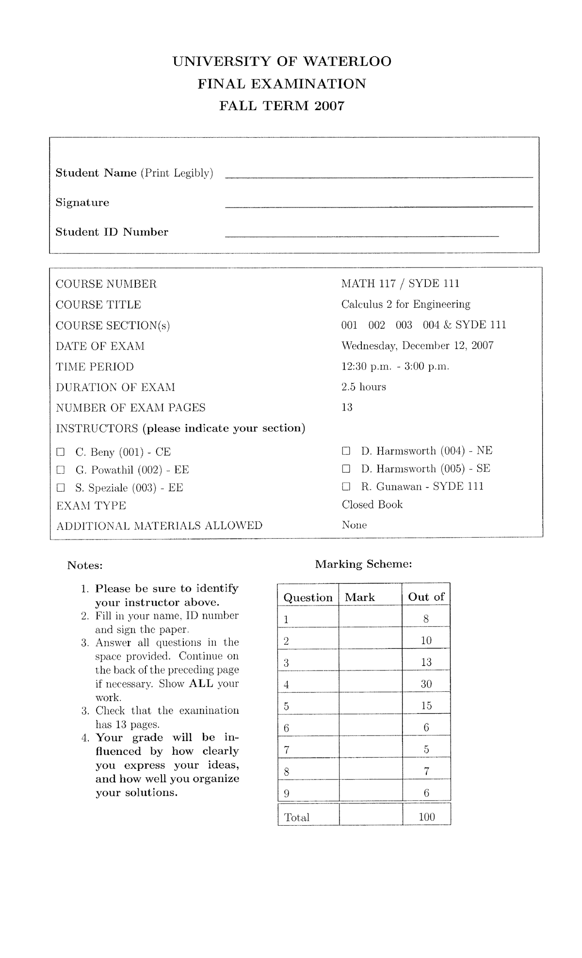 Exam 12 December 2007, questions and answers - UNIVERSITY OF WATERLOO ...