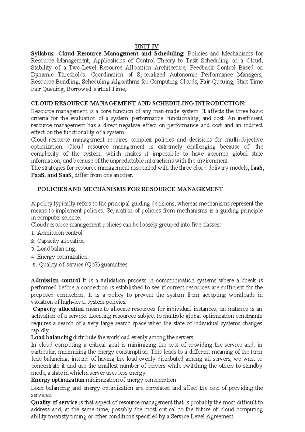 Cloud computing Unit-4 Material - UNIT IV Syllabus: Cloud Resource ...