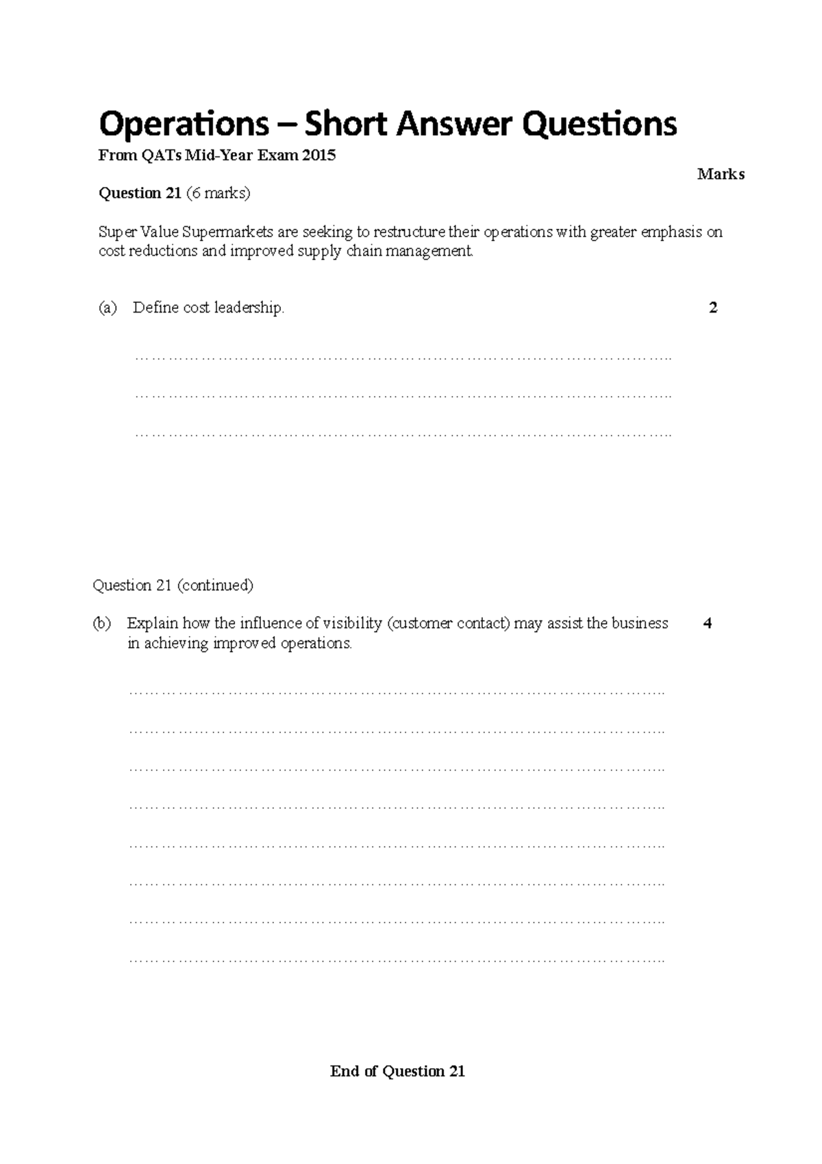 Operations Revision Short Ans - Operations – Short Answer Questions ...