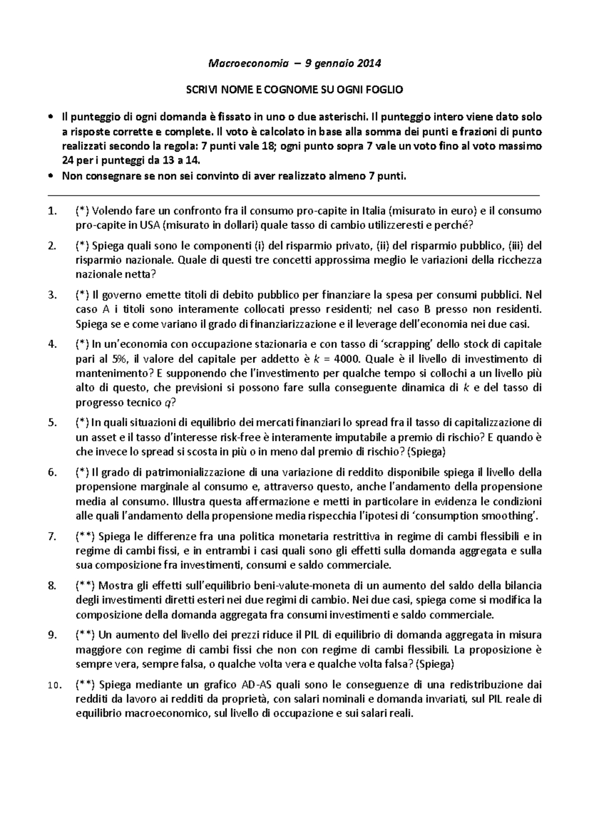 Traccia di Esame 2014 - Macroeconomia – 9 gennaio 2014 SCRIVI NOME E ...