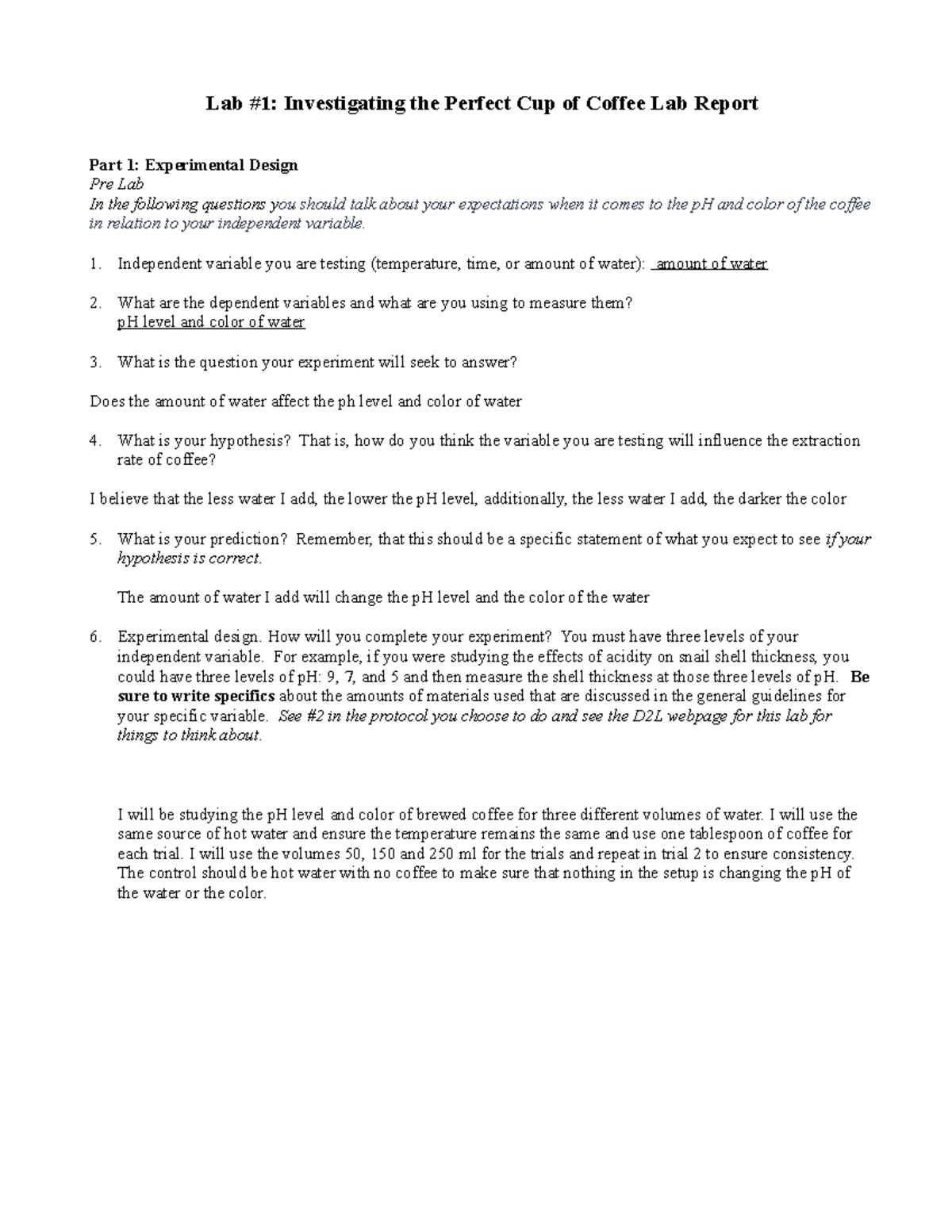 Lab 1 Investigating the Perfect cup of Coffee - Independent variable ...