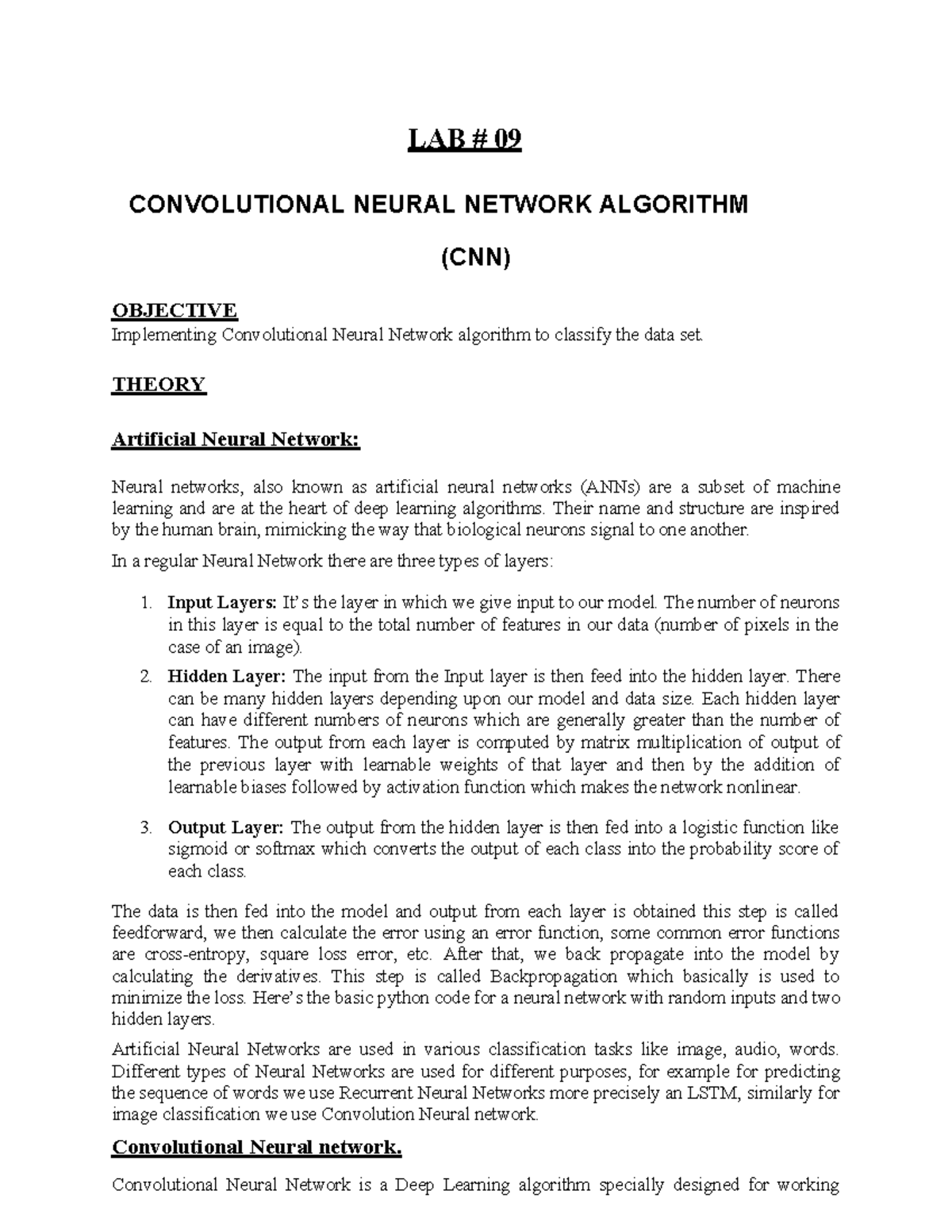 LAB 09 - lab manual - LAB # 09 CONVOLUTIONAL NEURAL NETWORK ALGORITHM (CNN) OBJECTIVE ...