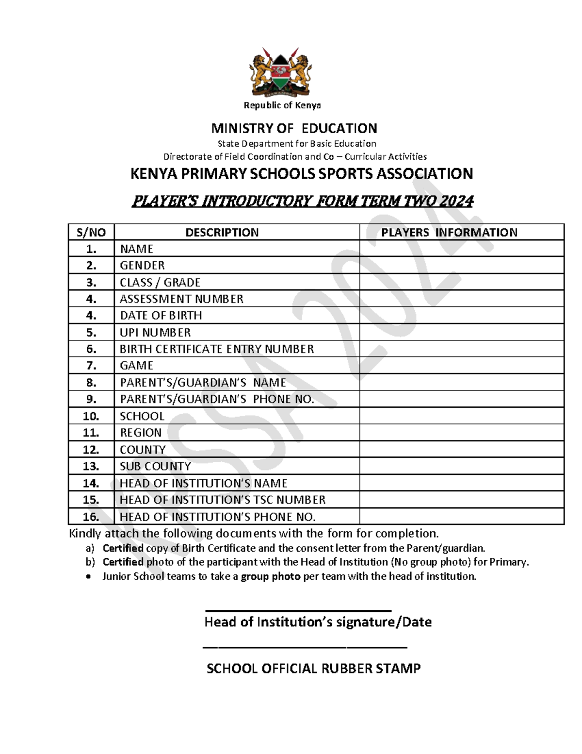 Players' Introductory FORM..TERM 2 2024 - Republic of Kenya MINISTRY OF ...