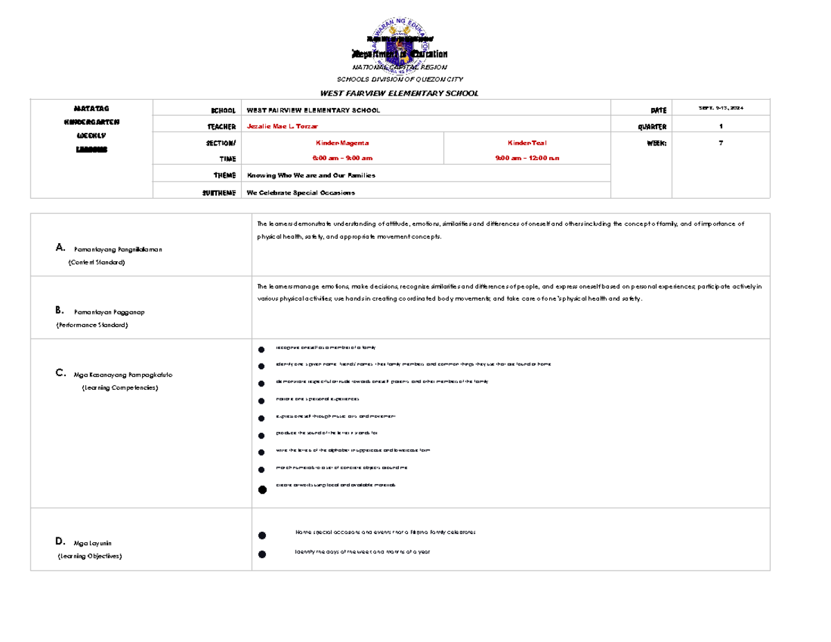 DLL-WEEK7 - MATATAG CURRICULUM KINDER WEEK 7 DETAILED LP - Republic of ...