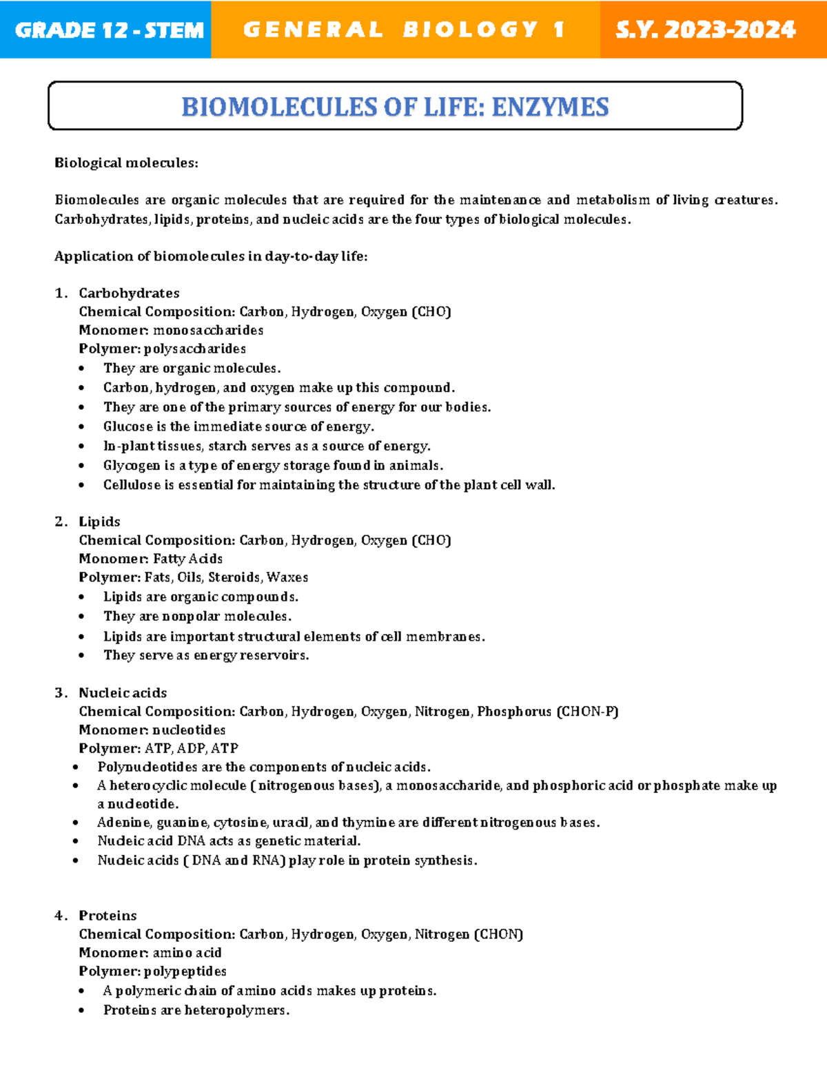 Biomolecules-AND- Enzymes - BIOMOLECULES OF LIFE: ENZYMES GRADE 12 ...
