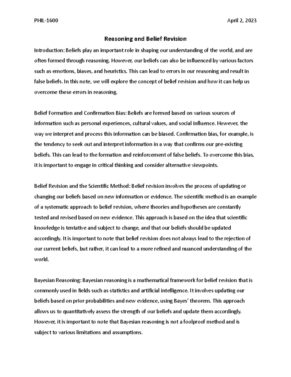 Reasoning and belief revision - PHIL-1600 April 2, 2023 Reasoning and ...