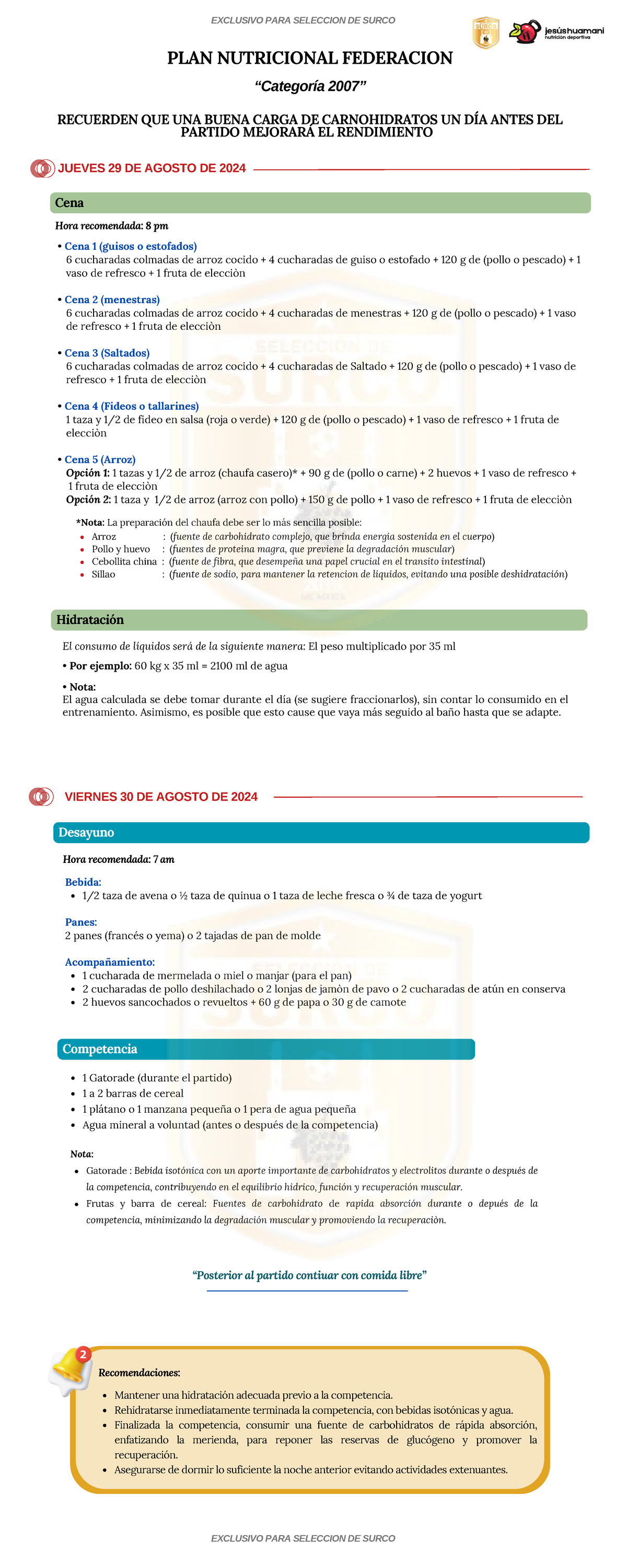 Dieta pre partido 30-08-24 - JUEVES 29 DE AGOSTO DE 2024 VIERNES 30 DE ...