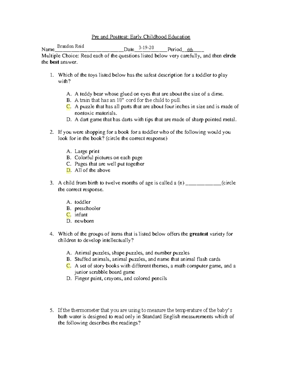 FACS Pre Test 2023 - Pre and Posttest: Early Childhood Education - Studocu