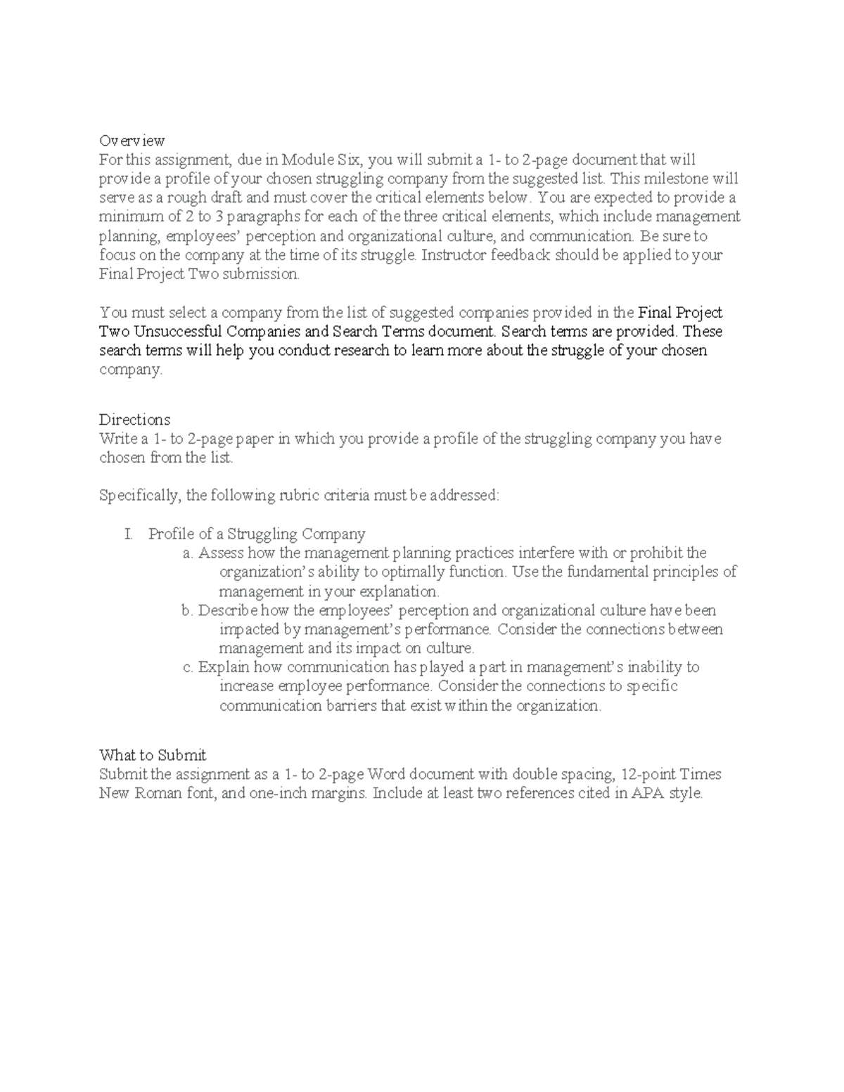 Mod 6 assignment - Overview For this assignment, due in Module Six, you ...