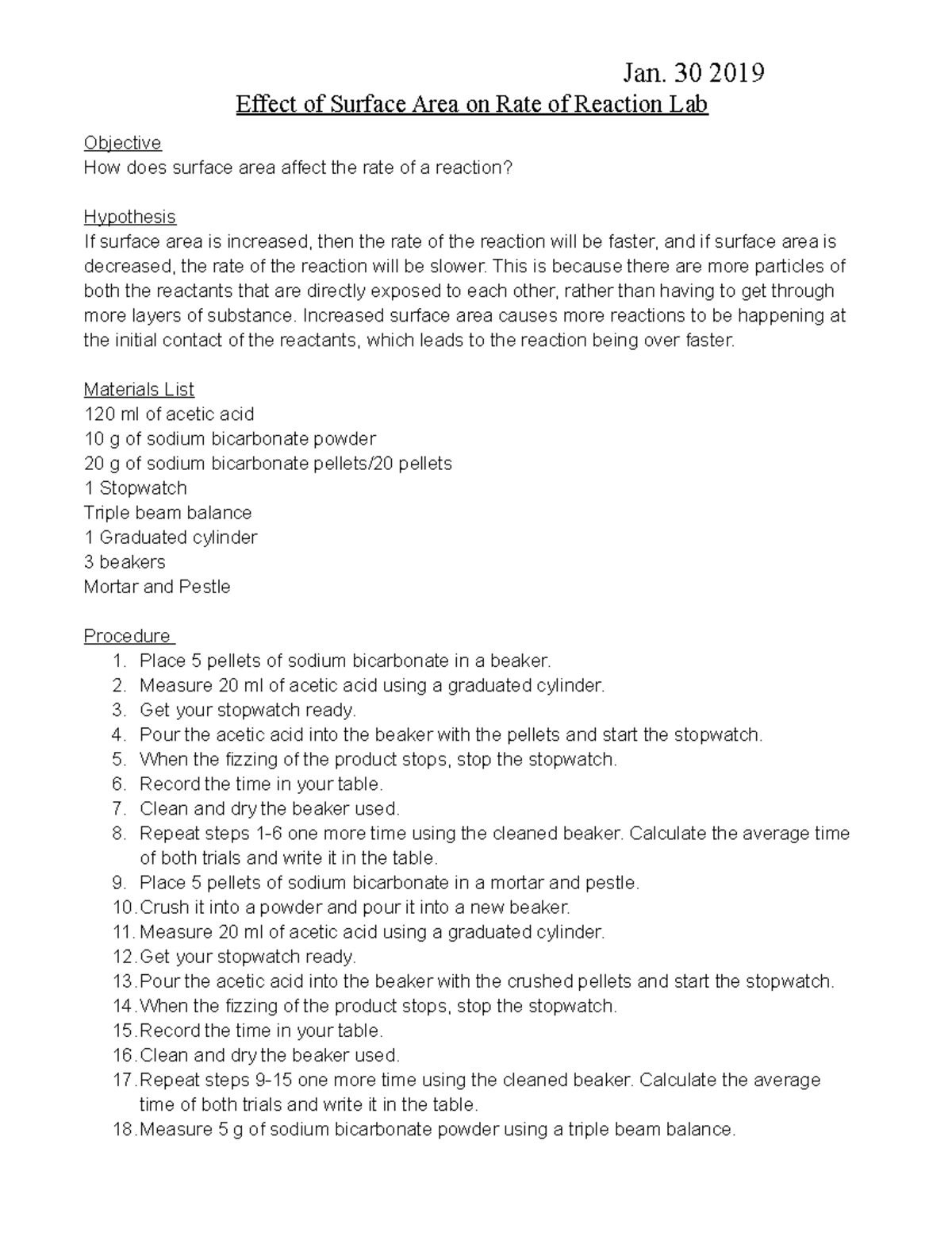 Effect of Surface Area on Rate of Reaction Lab - Studocu
