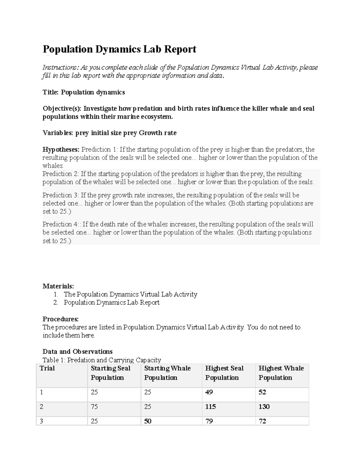 Population Dynamics - good - Population Dynamics Lab Report Instructions: As you complete each ...