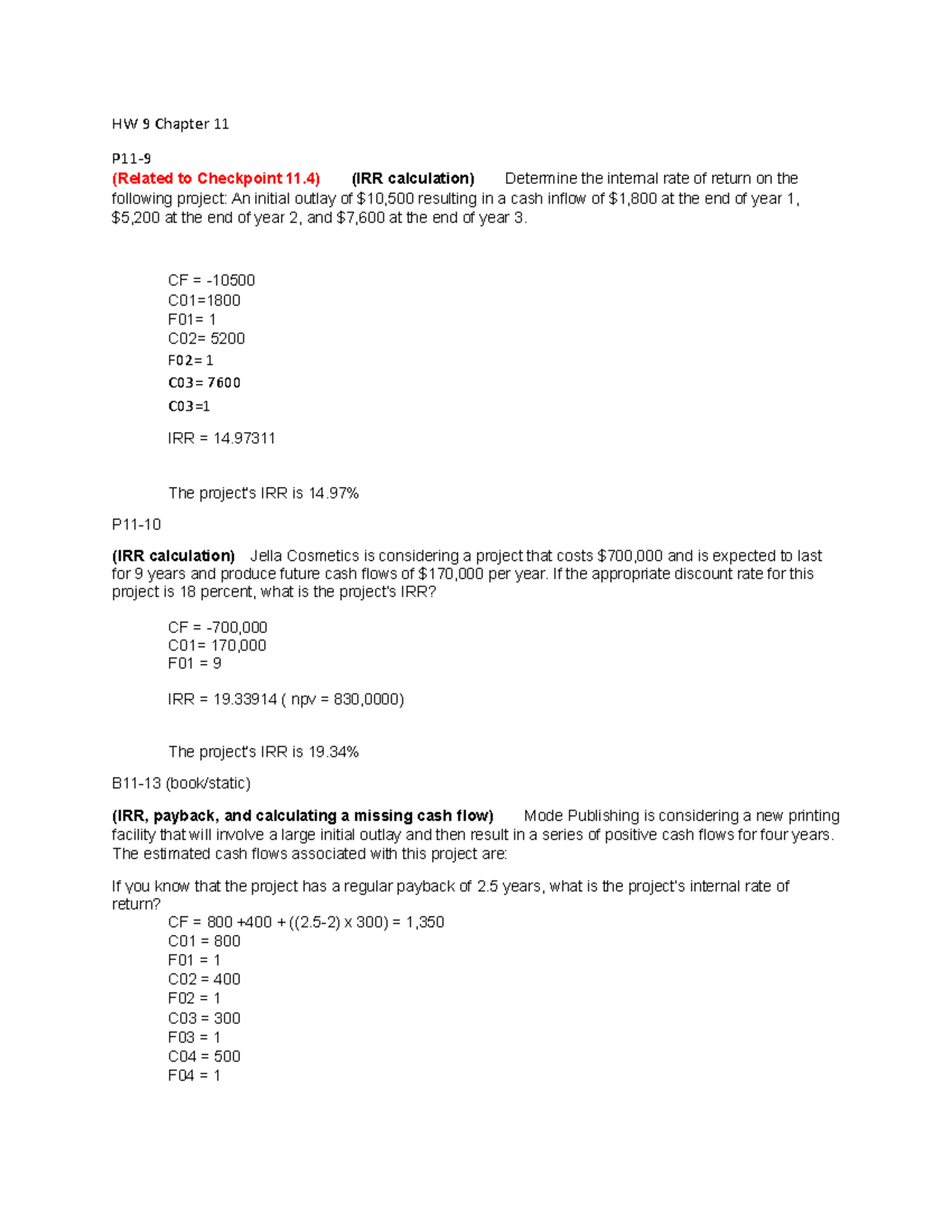 HW 9 Chapter 11 - HW 9 Chapter 11 (Related to Checkpoint 11) (IRR ...
