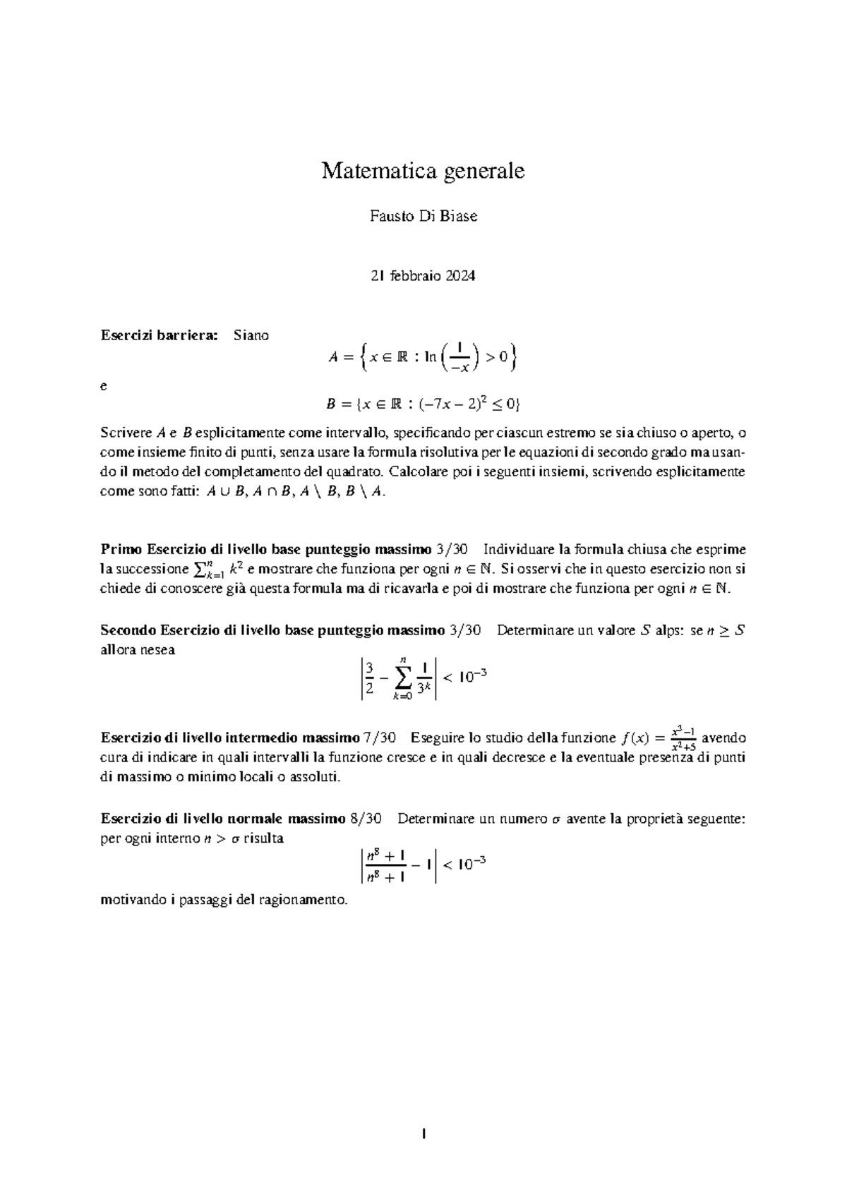 Esame MG 2024 02 21 - Matematica generale Fausto Di Biase 21 febbraio 2024 Esercizi barriera ...