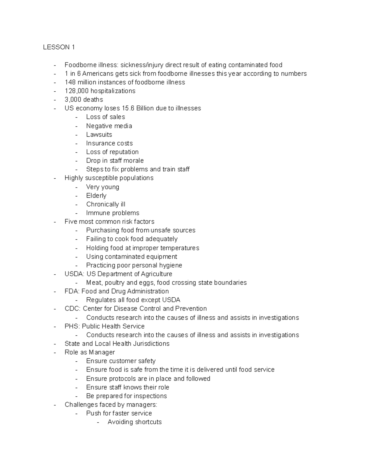 Food Safety and Sanitation Chapters 1, 2 and 3 - LESSON 1 Foodborne ...