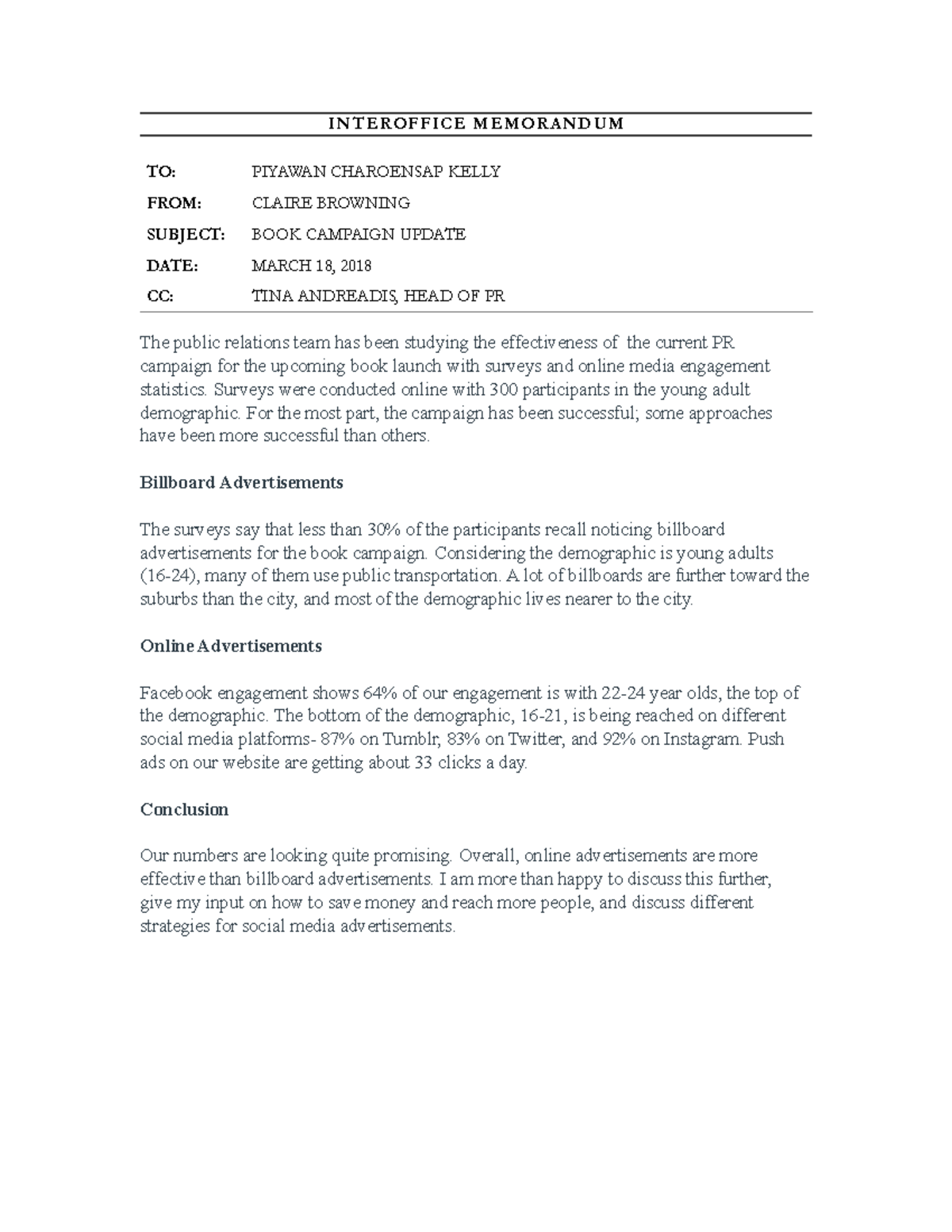 Memo CMS 320 - Memo practice - INTEROFFICE MEMORANDUM TO: PIYAWAN ...