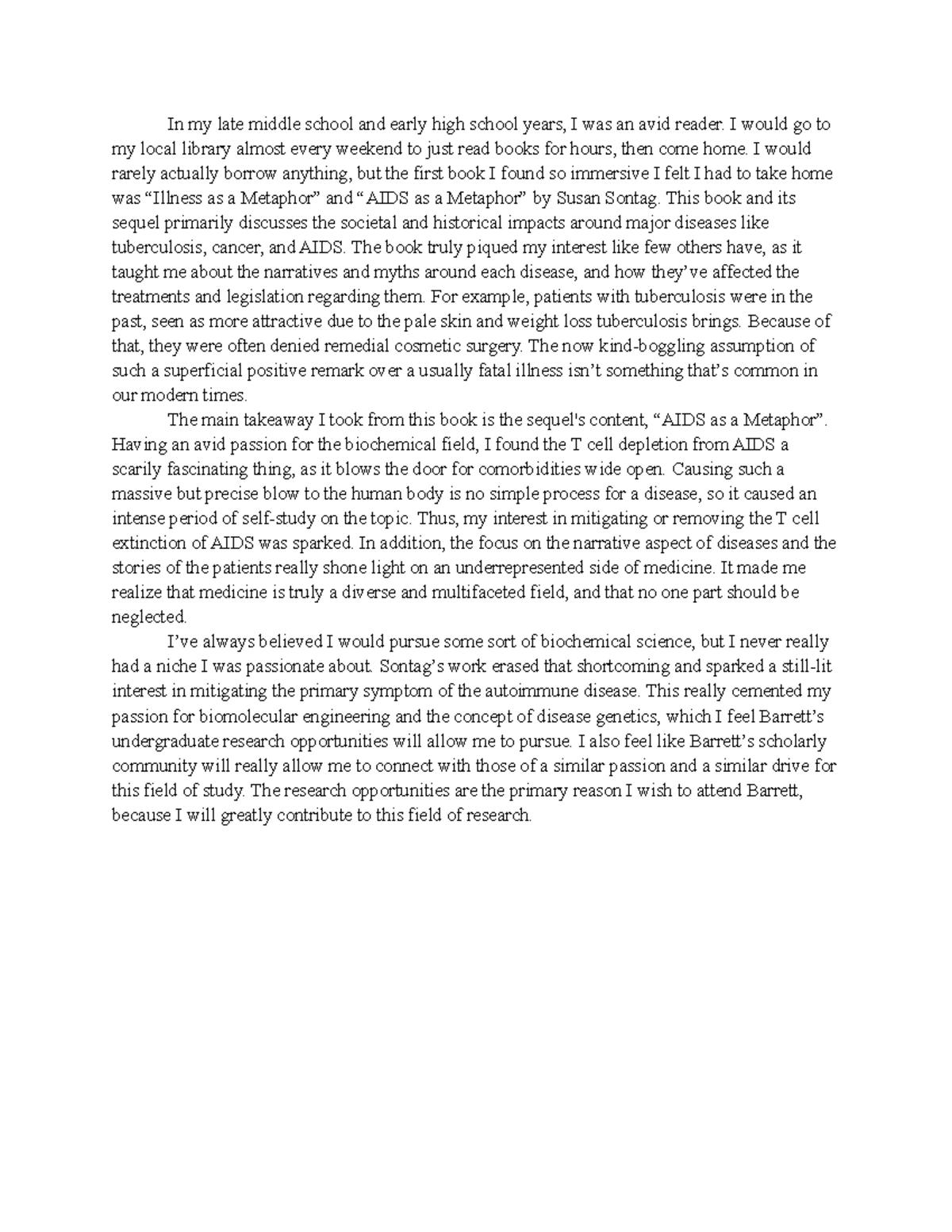 Personal Essay AIDS - In my late middle school and early high school years, I was an avid reader ...