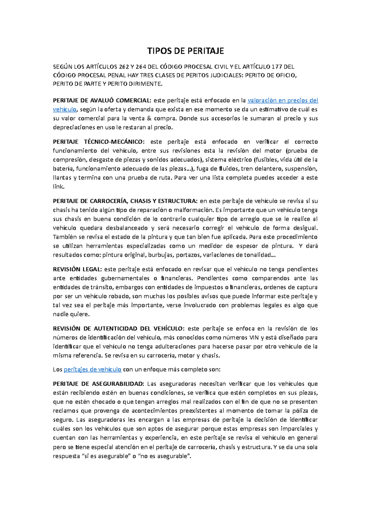 Tipos DE Peritaje - cumplir tarea - TIPOS DE PERITAJE SEGÚN LOS ARTÍCULOS 262 Y 264 DEL CÓDIGO ...