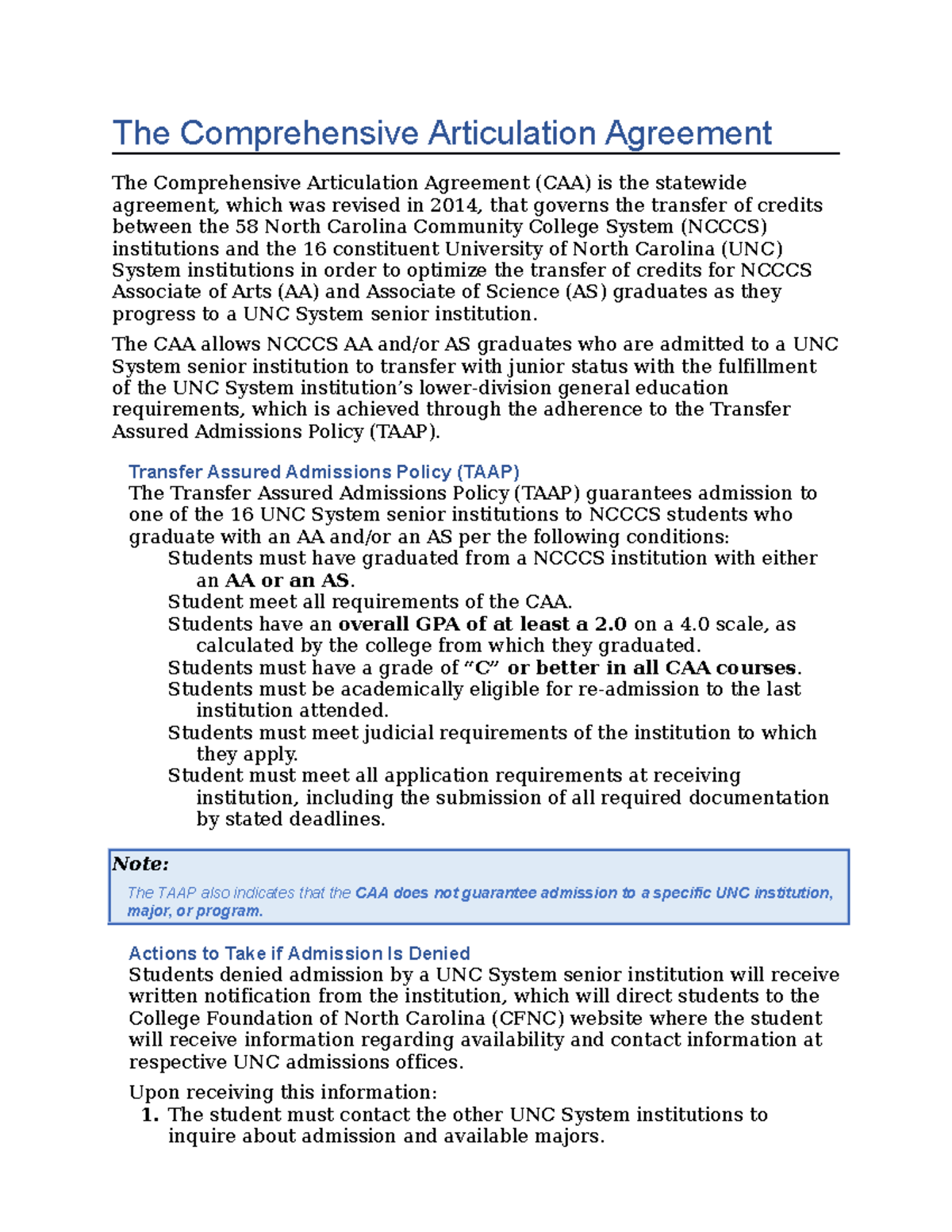 CAA Summary - The Comprehensive Articulation Agreement The ...