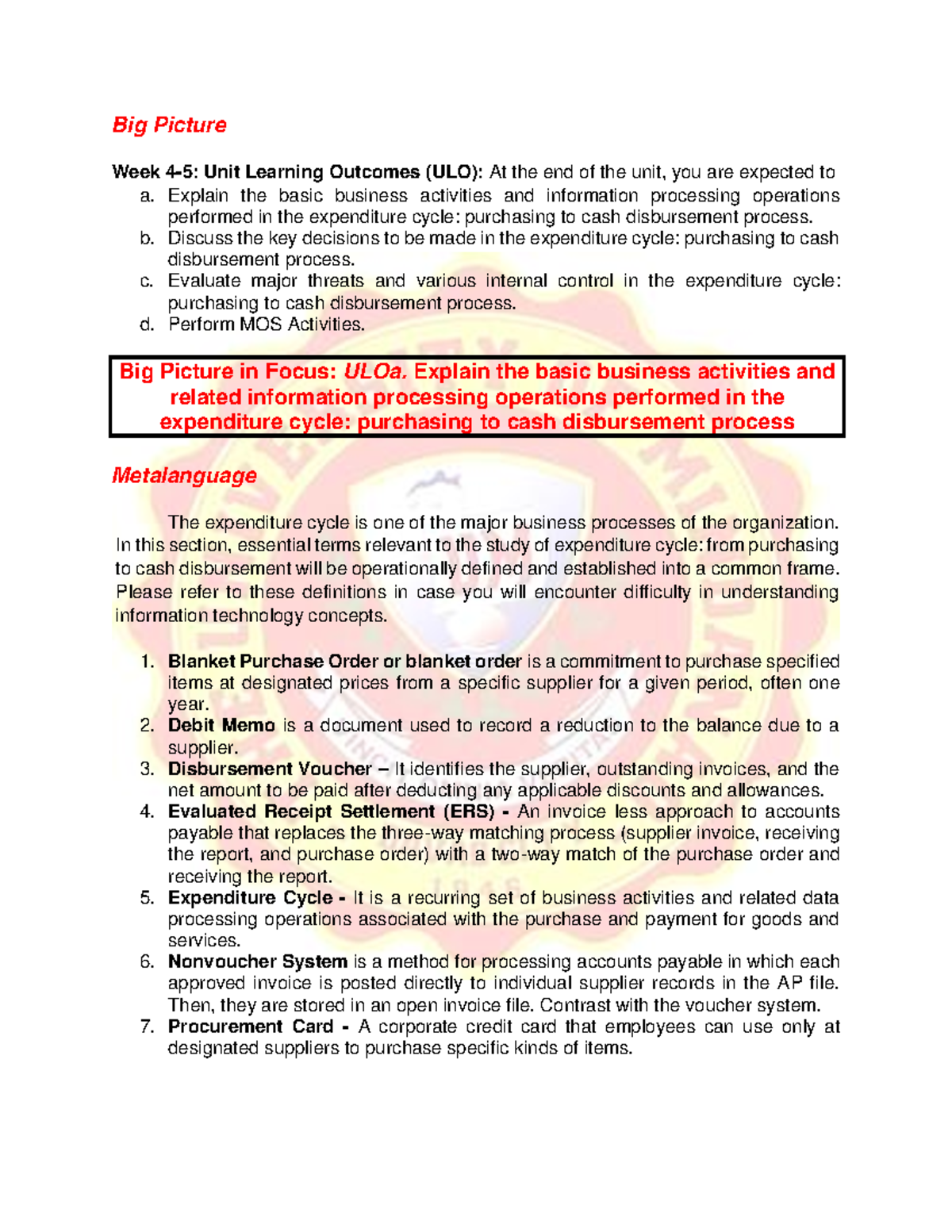 ACC 224 W 4-5 - ACC224 SIM - Big Picture Week 4-5: Unit Learning Outcomes (ULO): At the end of ...