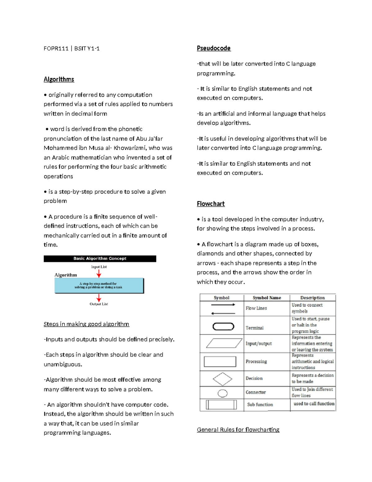 FOPR111 Notes - FOPR111 | BSIT Y1- Algorithms originally referred to ...