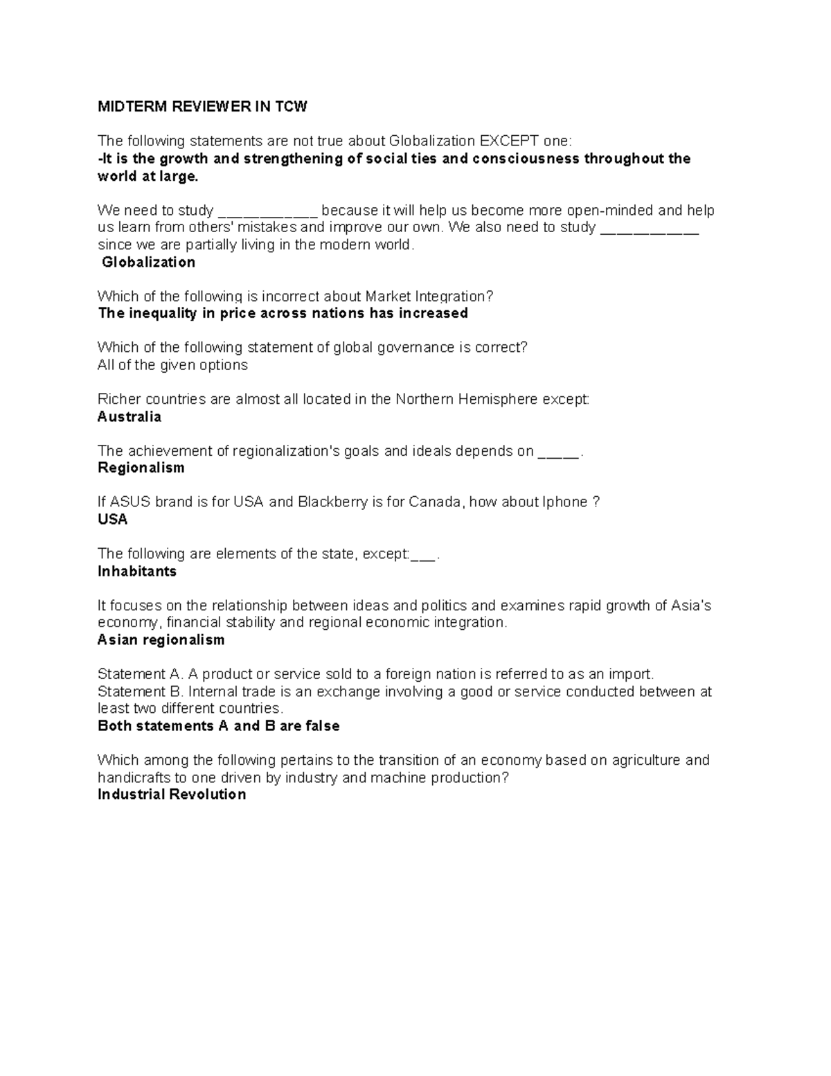 Midterm Reviewer IN TCW - MIDTERM REVIEWER IN TCW The following statements are not true about ...