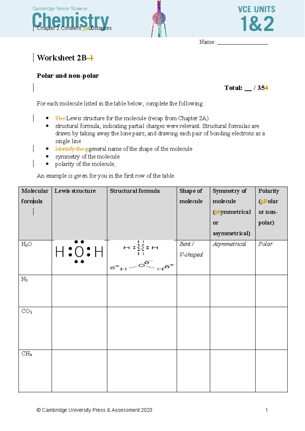 Worksheet 2B 1 Polar and non polar - Chapter 2 Covalent sSubstances ...