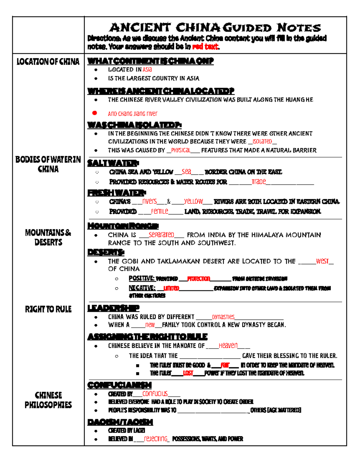 Ancient China Guided Notes - ANCIENT CHINA Guided Notes Directions: As ...