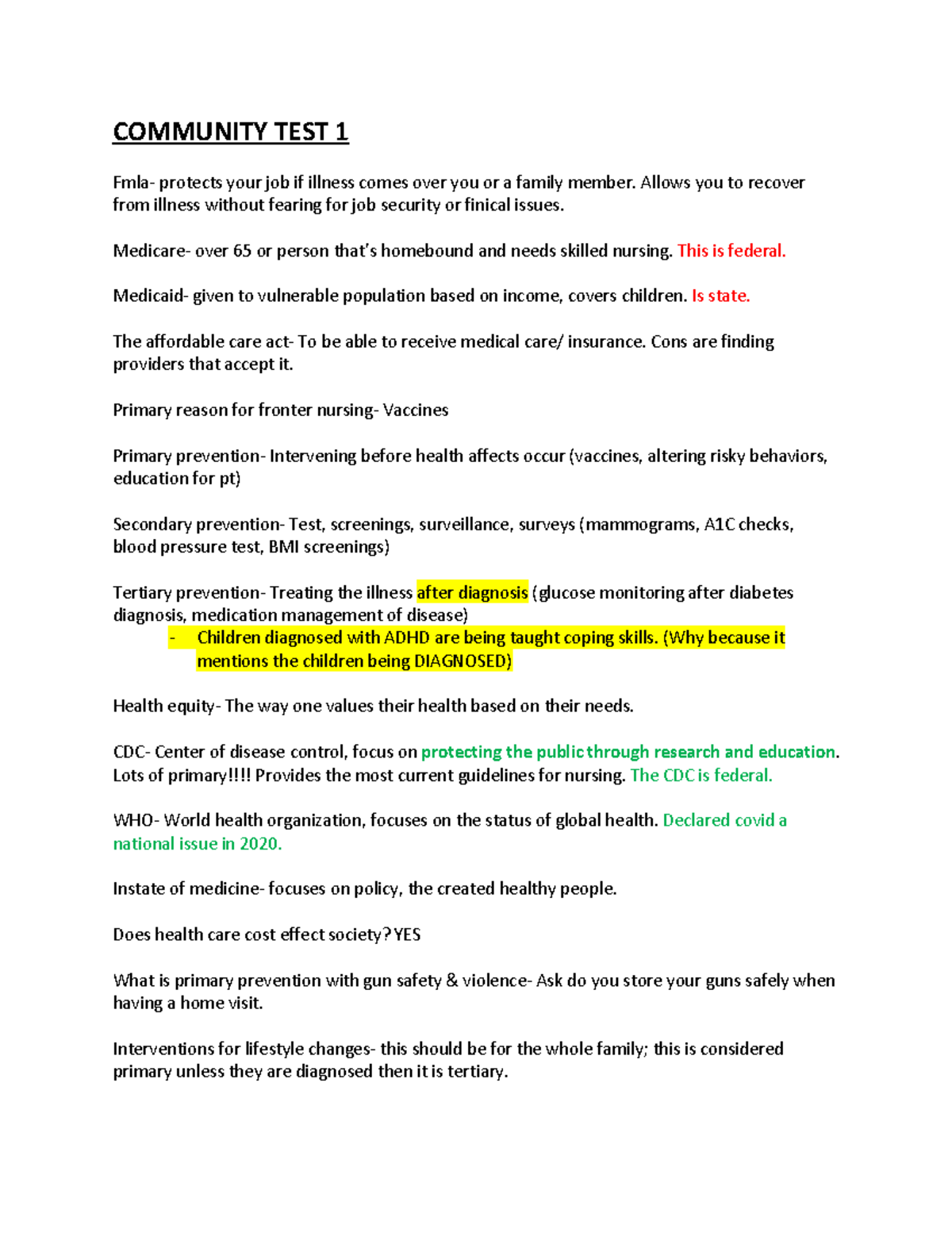 Community TEST - notes - COMMUNITY TEST 1 Fmla- protects your job if ...