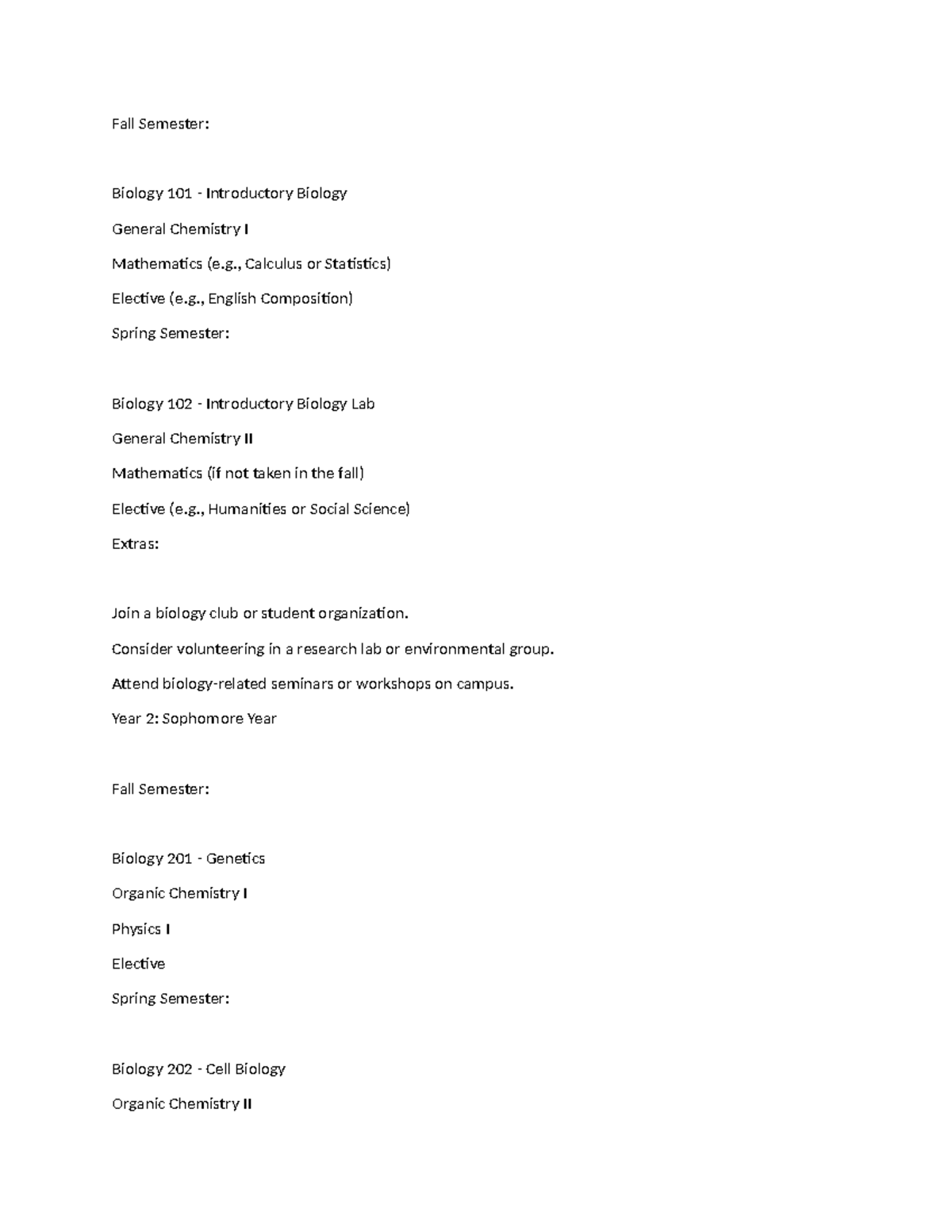 4 year plan - Fall Semester: Biology 101 - Introductory Biology General ...