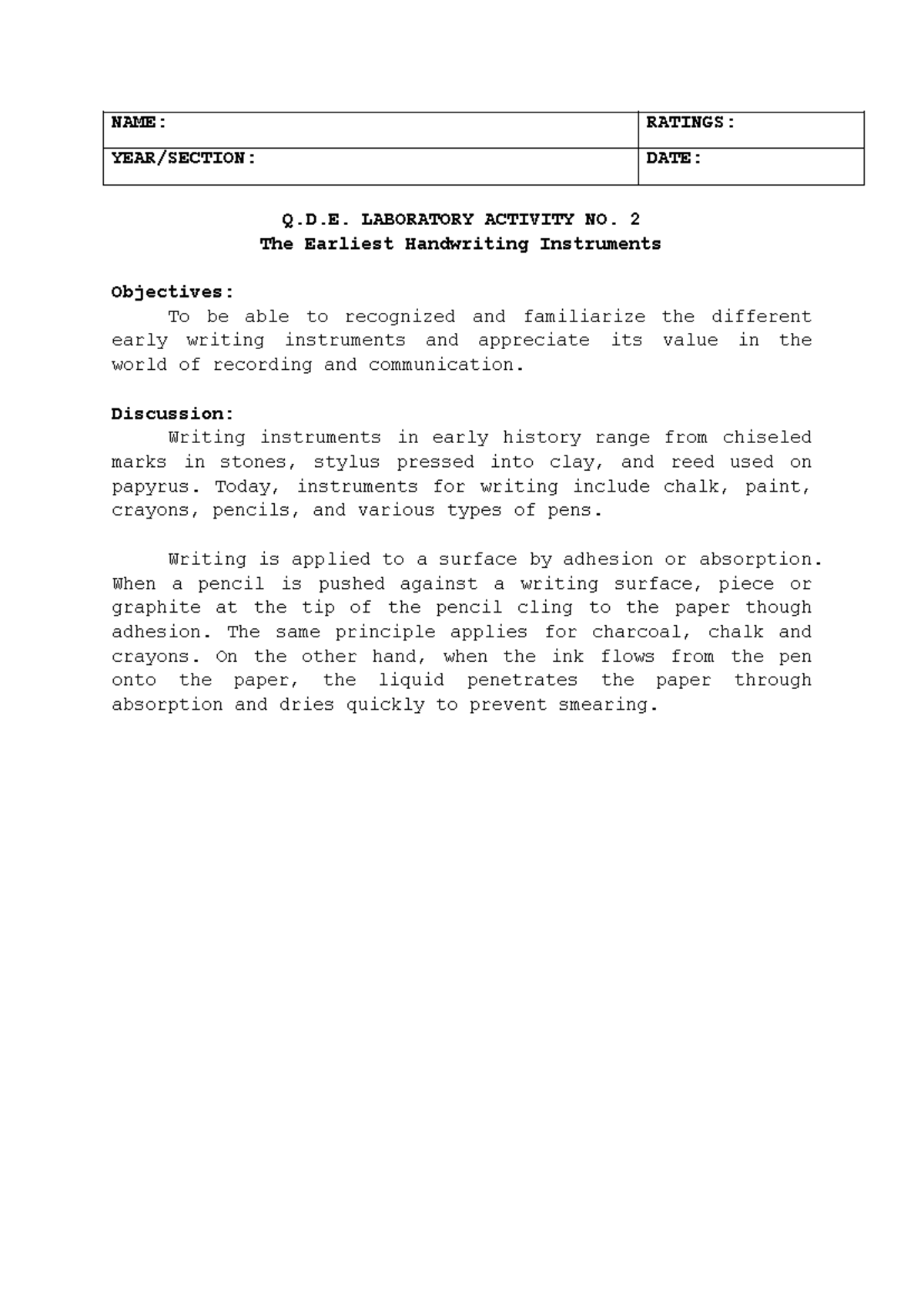 Qdelab 2 - Laboratory activity - NAME: RATINGS: YEAR/SECTION: DATE: Q. D. LABORATORY ACTIVITY NO ...