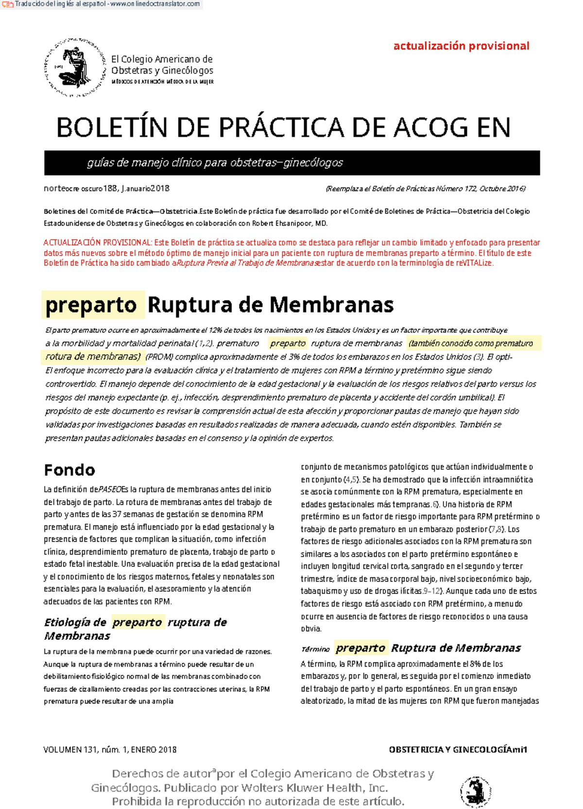Acog practice bulletin no 188 2018 - ####### actualización provisional ...