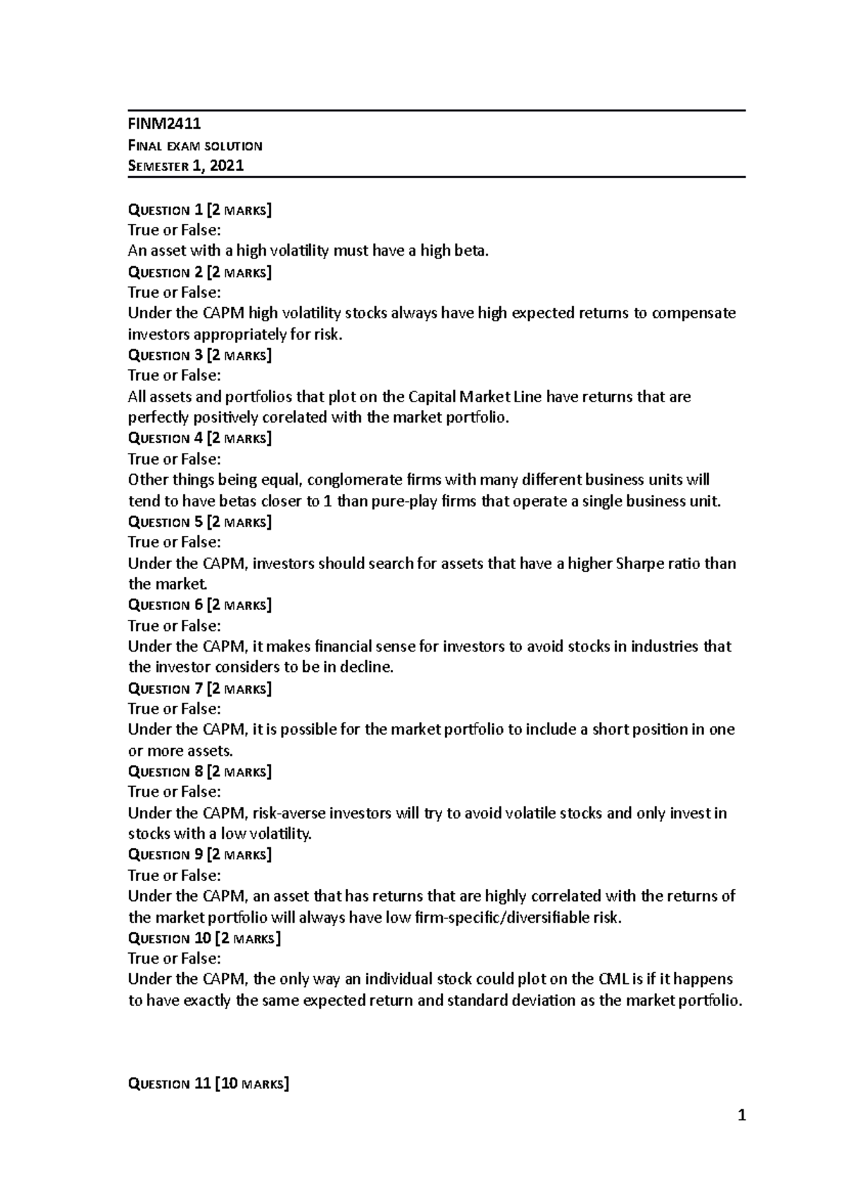 2021 final solutions - practise exam - FINM FINAL EXAM SOLUTION SEMESTER 1, 2021 QUESTION 1 [2 ...