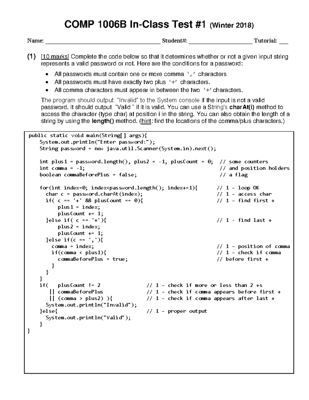 TEST 26 2018, answers - COMP 1006B In-Class Test #1 (Winter 2018) Name ...