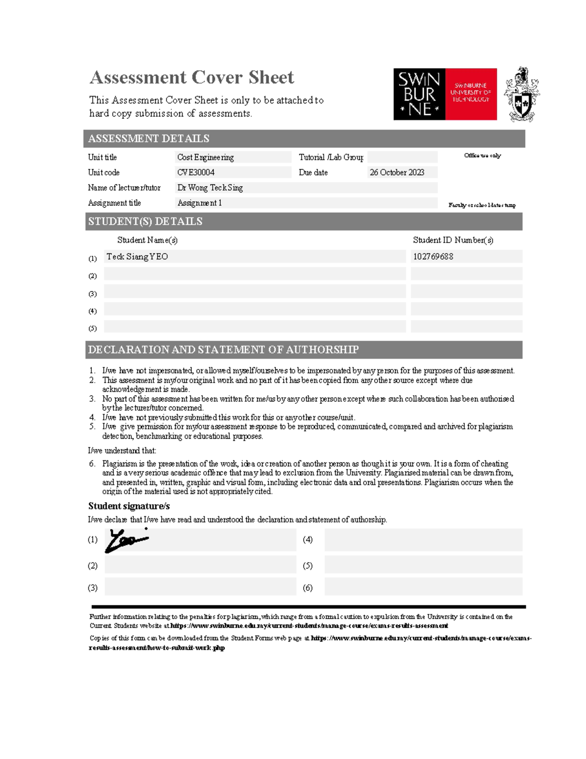 BQ1 - MyCESMM2 - Assessment Cover Sheet This Assessment Cover Sheet is ...