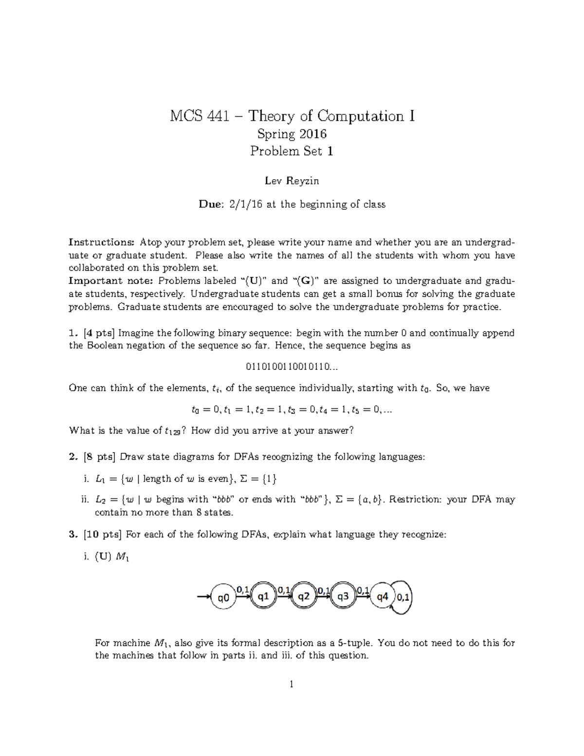 MCS 441 – Problem Set 1 - MCS 441 Theory of Computation I Spring 2016 Problem Set 1 Lev Reyzin ...