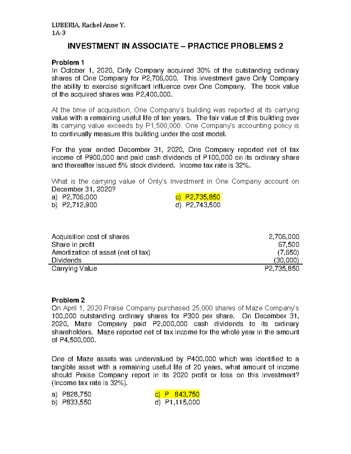 INV. IN Assoc. – Practice Problems 2022 - LUBERIA, Rachel Anne Y. 1A ...