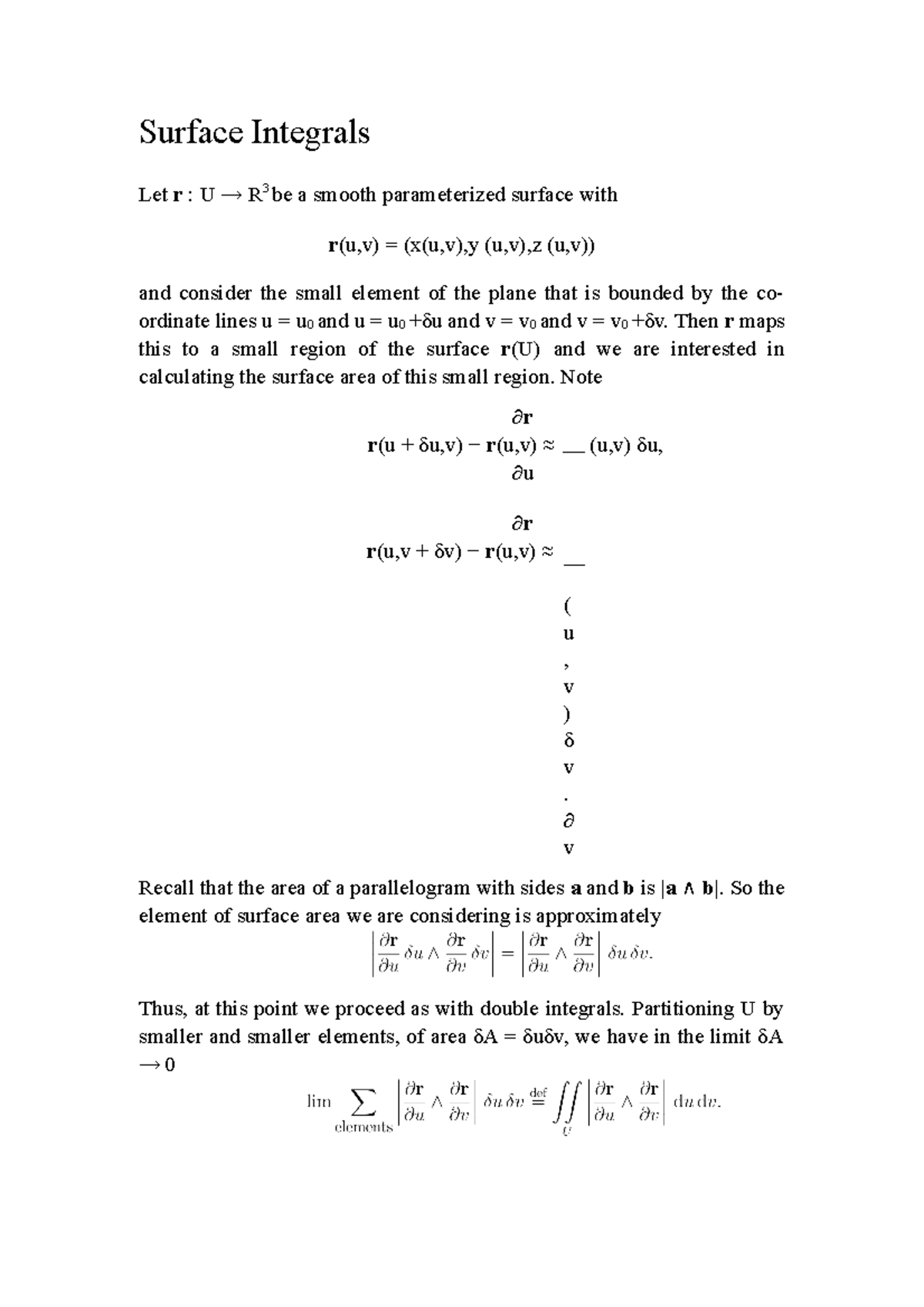 Multi Calc-6 - SURFACE INTEGRALS 2 - Surface Integrals Let r : U → R 3 be a smooth parameterized ...