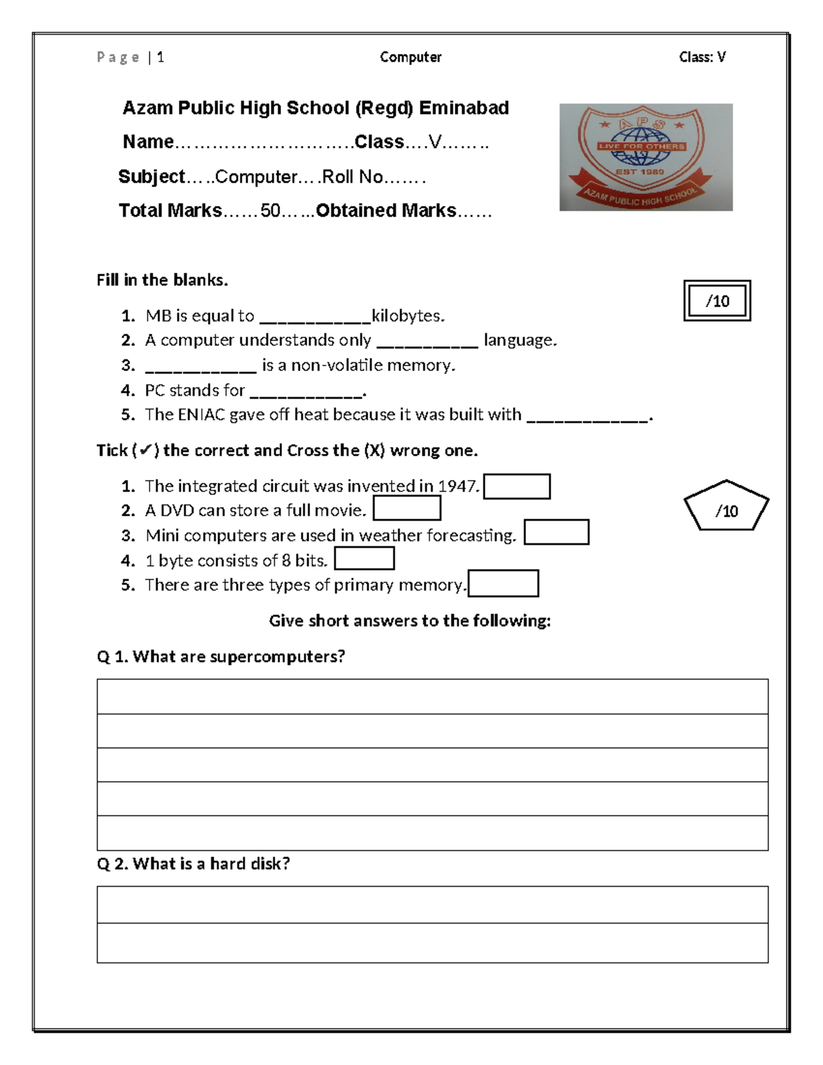Class V computer Paper - notes. - P a g e | 1 Computer Class: V Azam ...