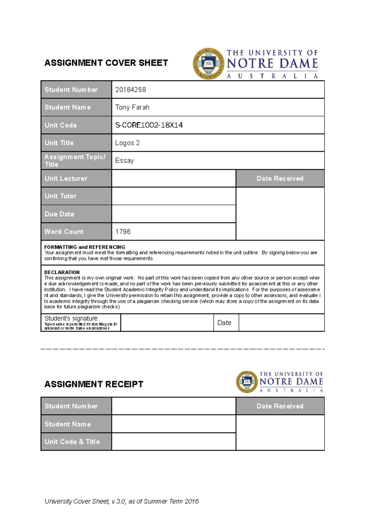 Logos 2Essay 2016 4258 - Grade: Pass - ASSIGNMENT COVER SHEET Student ...