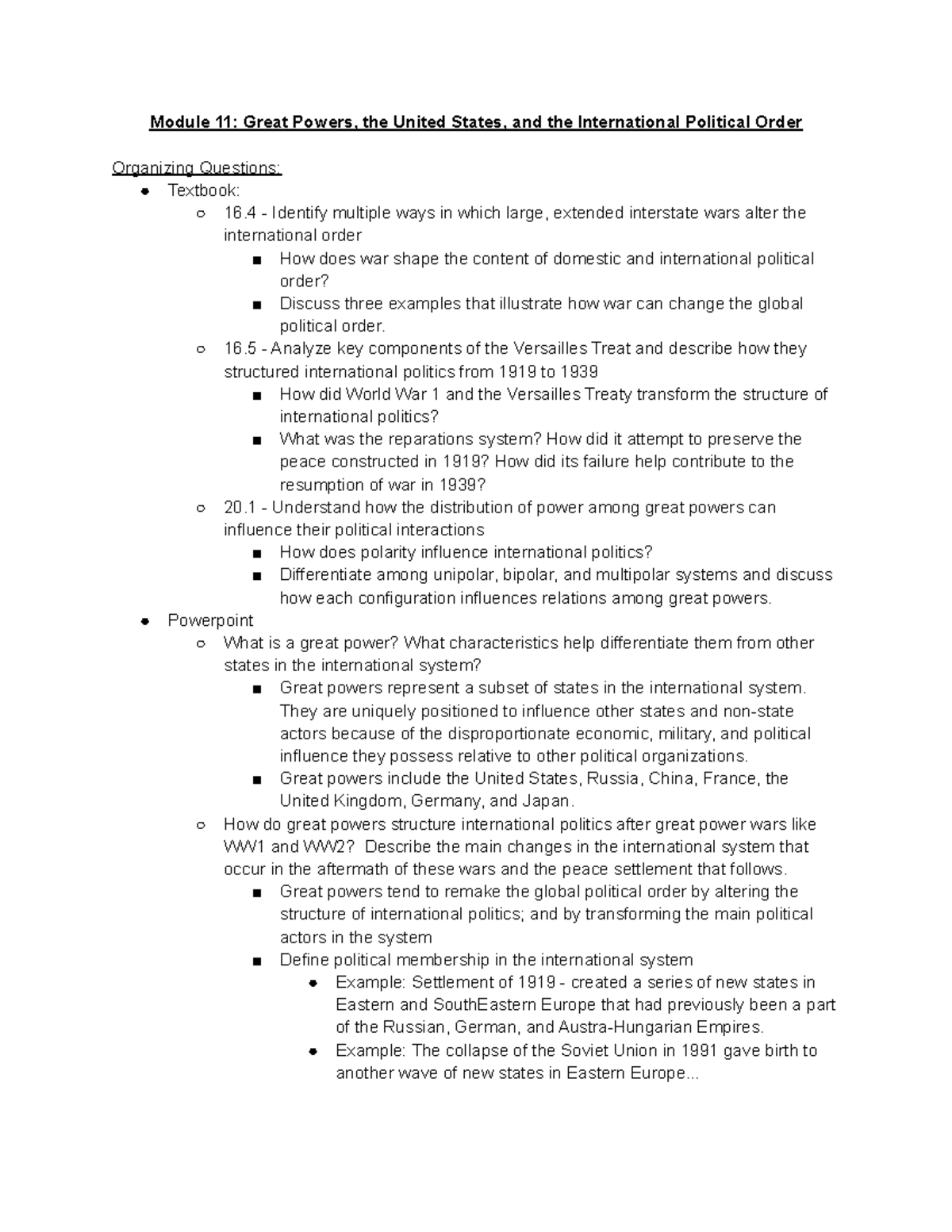 Module 11 Notes - Great powers, the United States, and the ...