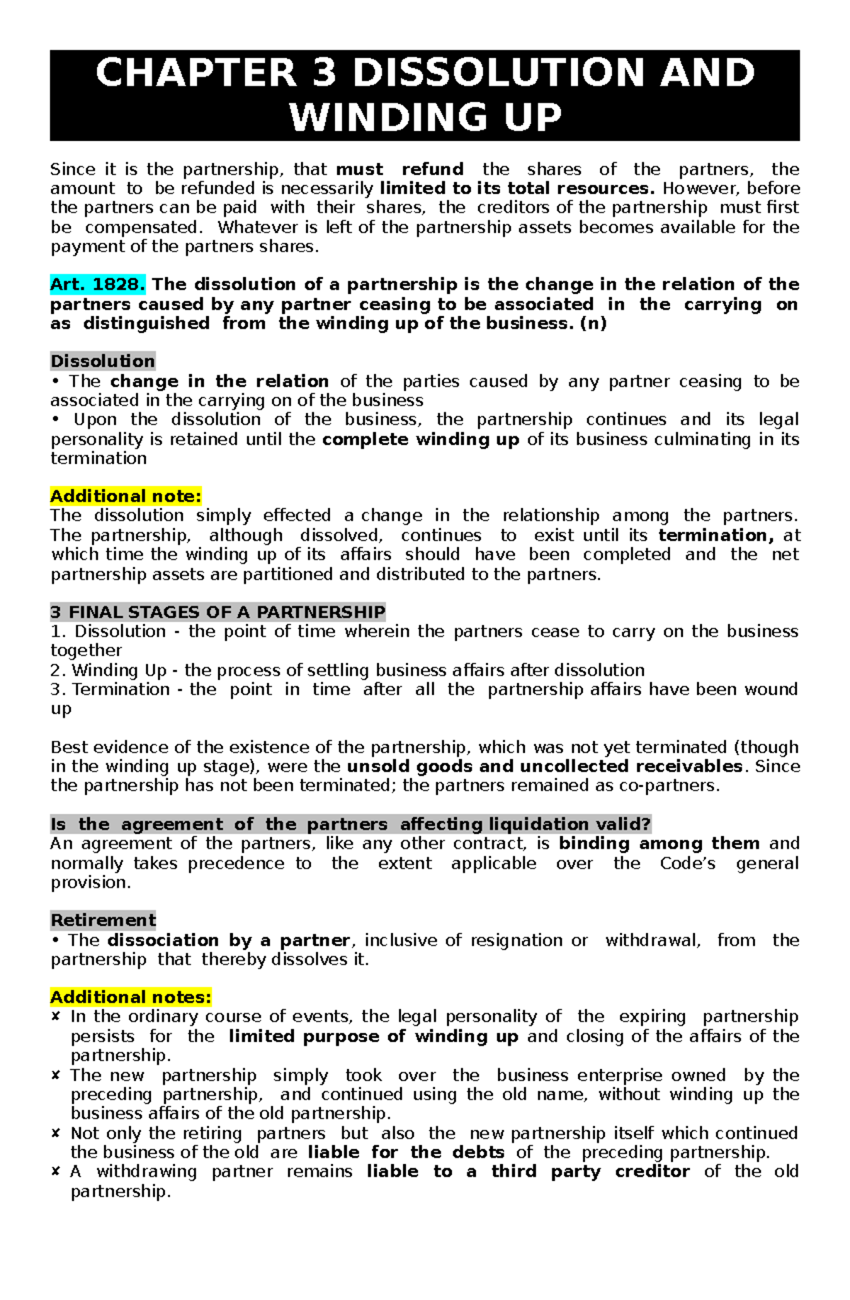 CH. 3 - Business Law - CHAPTER 3 DISSOLUTION AND WINDING UP Since it is the partnership, that ...