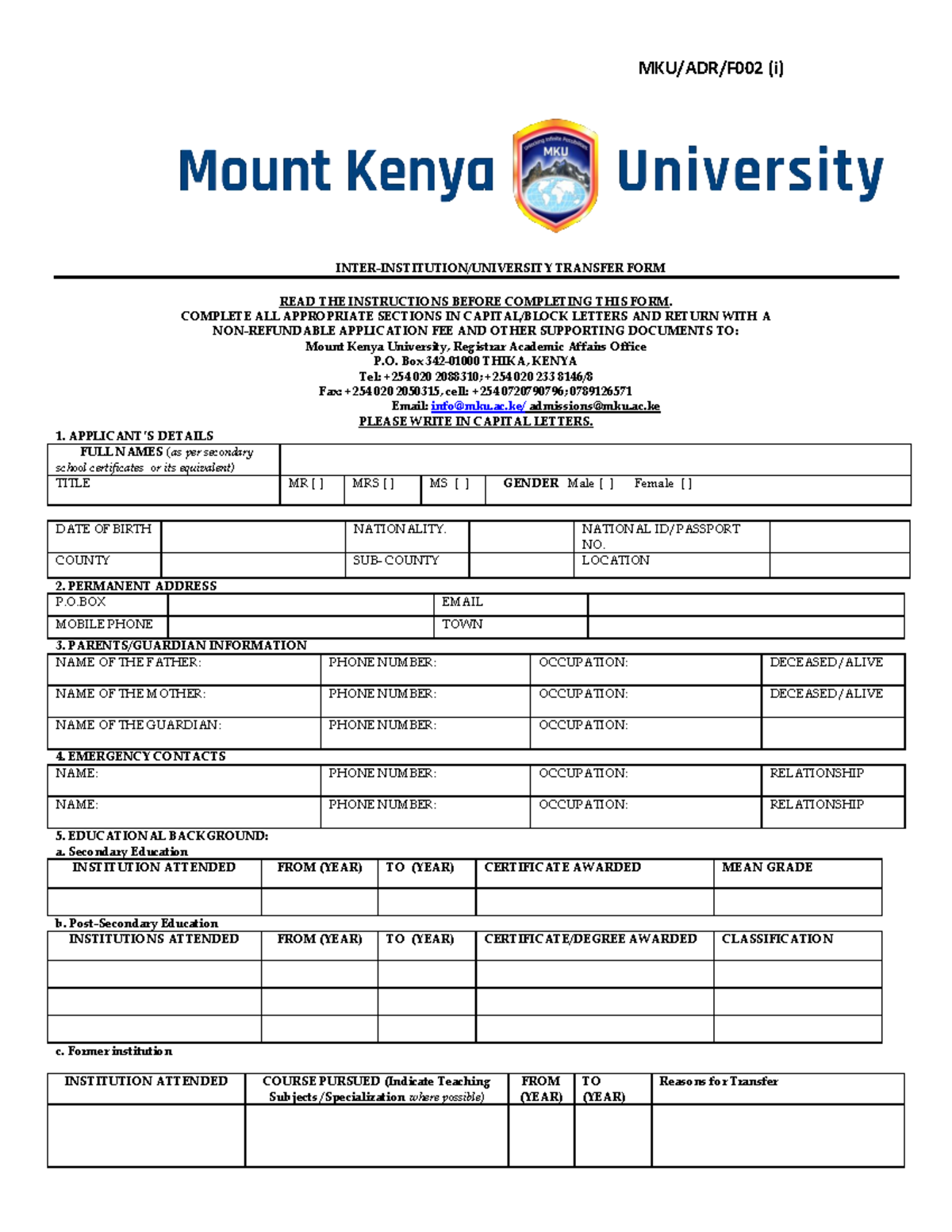 Inter University Transfer FORM - MKU/ADR/F002 (i) INTER-INSTITUTION ...