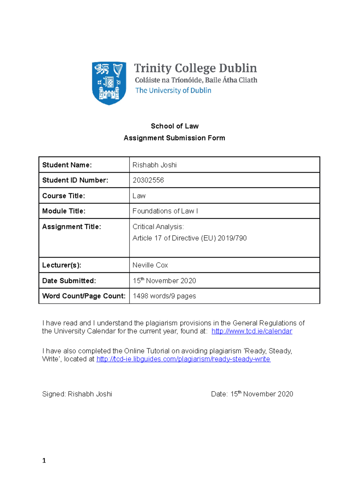 Fo L Assignment - School of Law Assignment Submission Form Student Name ...