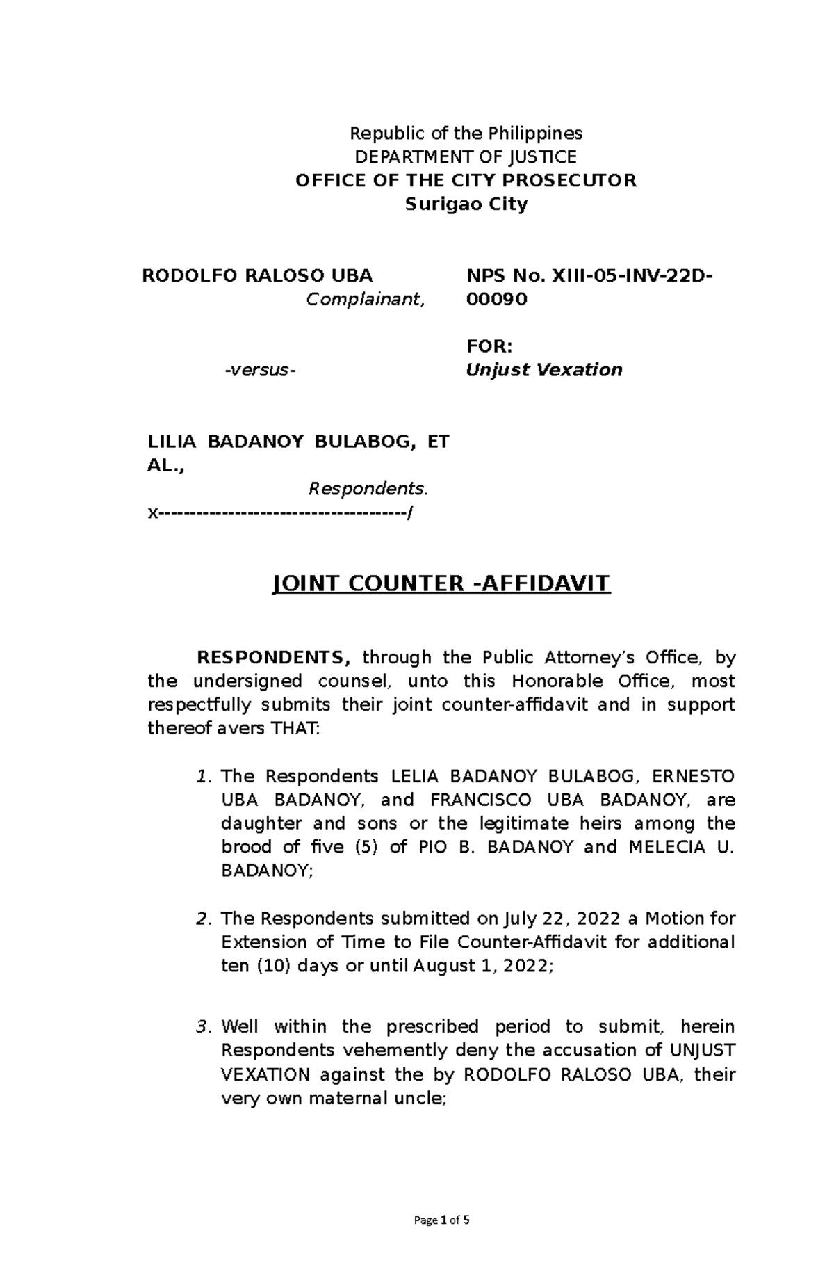 Counter Affidavit Badanoy July 28 2022 - Republic of the Philippines ...