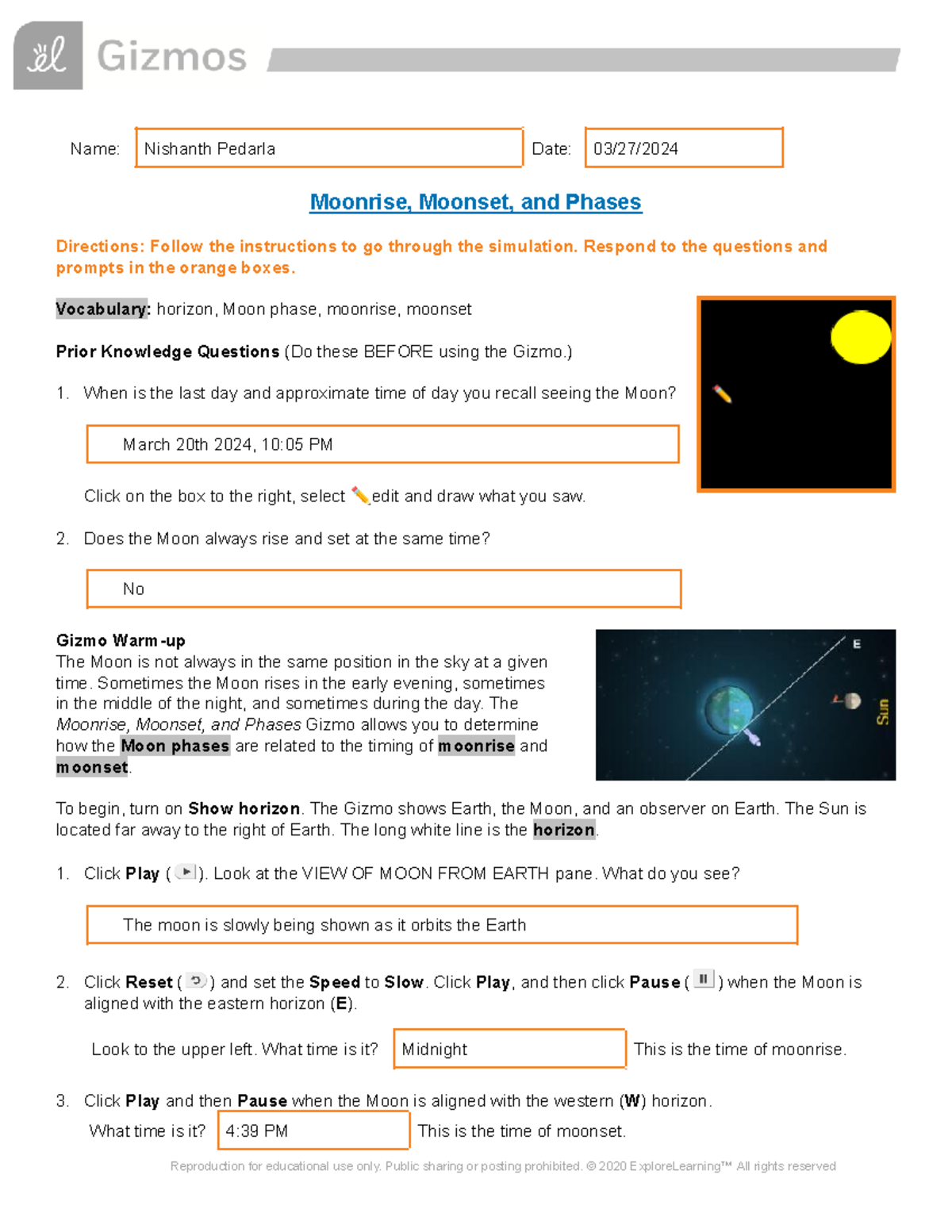 Nishanth Pedarla - Lab - Moon Phases Gizmo - Name: Nishanth Pedarla ...