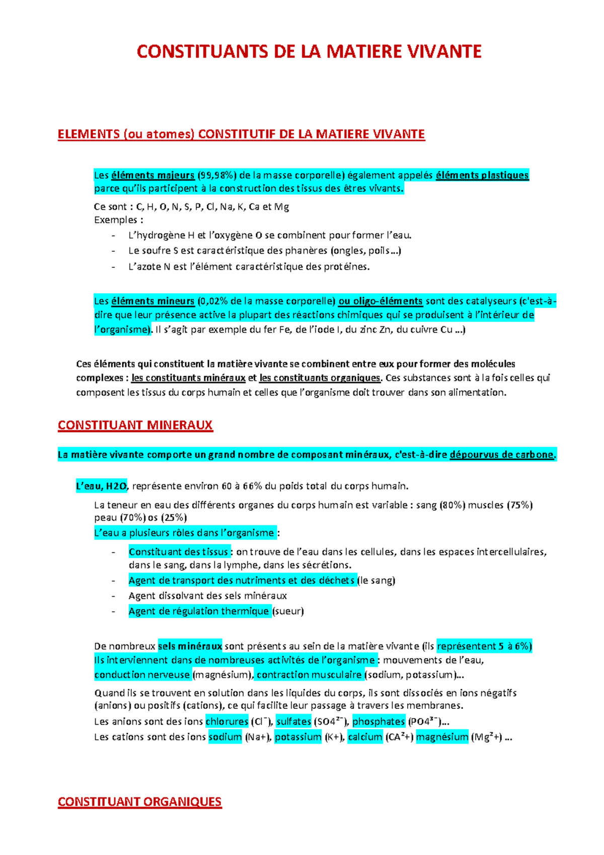 Constituants Matiere Vivante - Copy - CONSTITUANTS DE LA MATIERE ...
