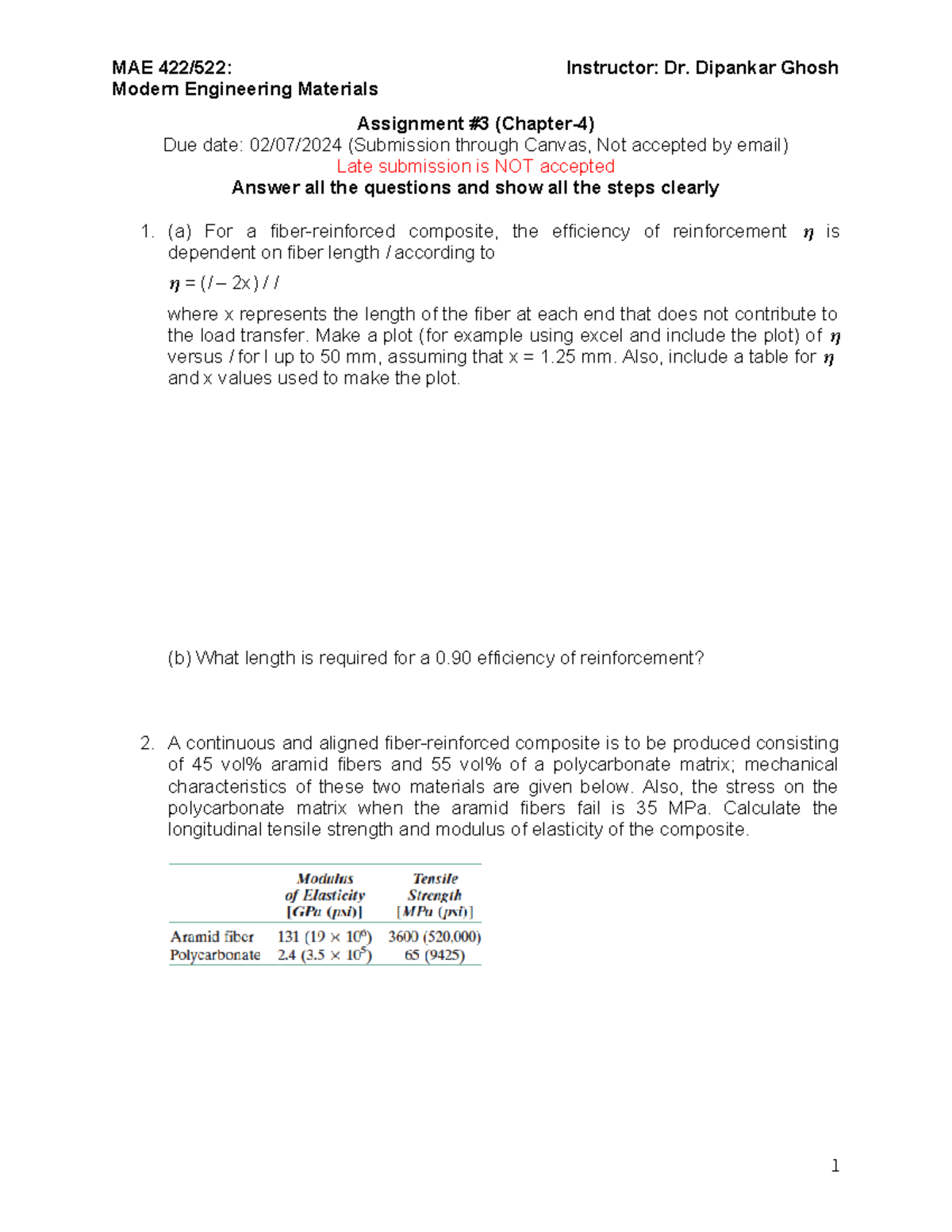 Assignment#3 Chapter-4 MAE422-522-1 - MAE 422/522: Instructor: Dr. Dipankar Ghosh Modern ...