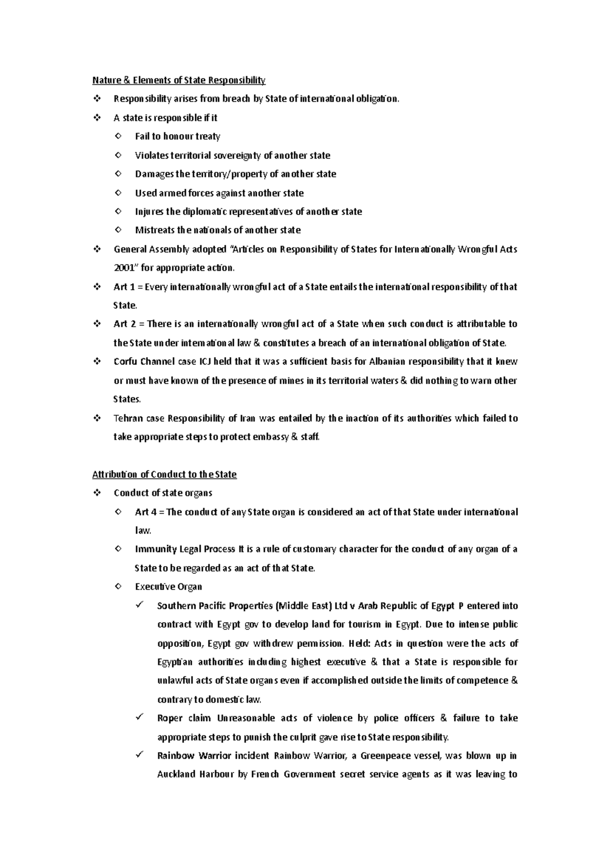 State Responsibility Notes - Nature & Elements of State Responsibility ...