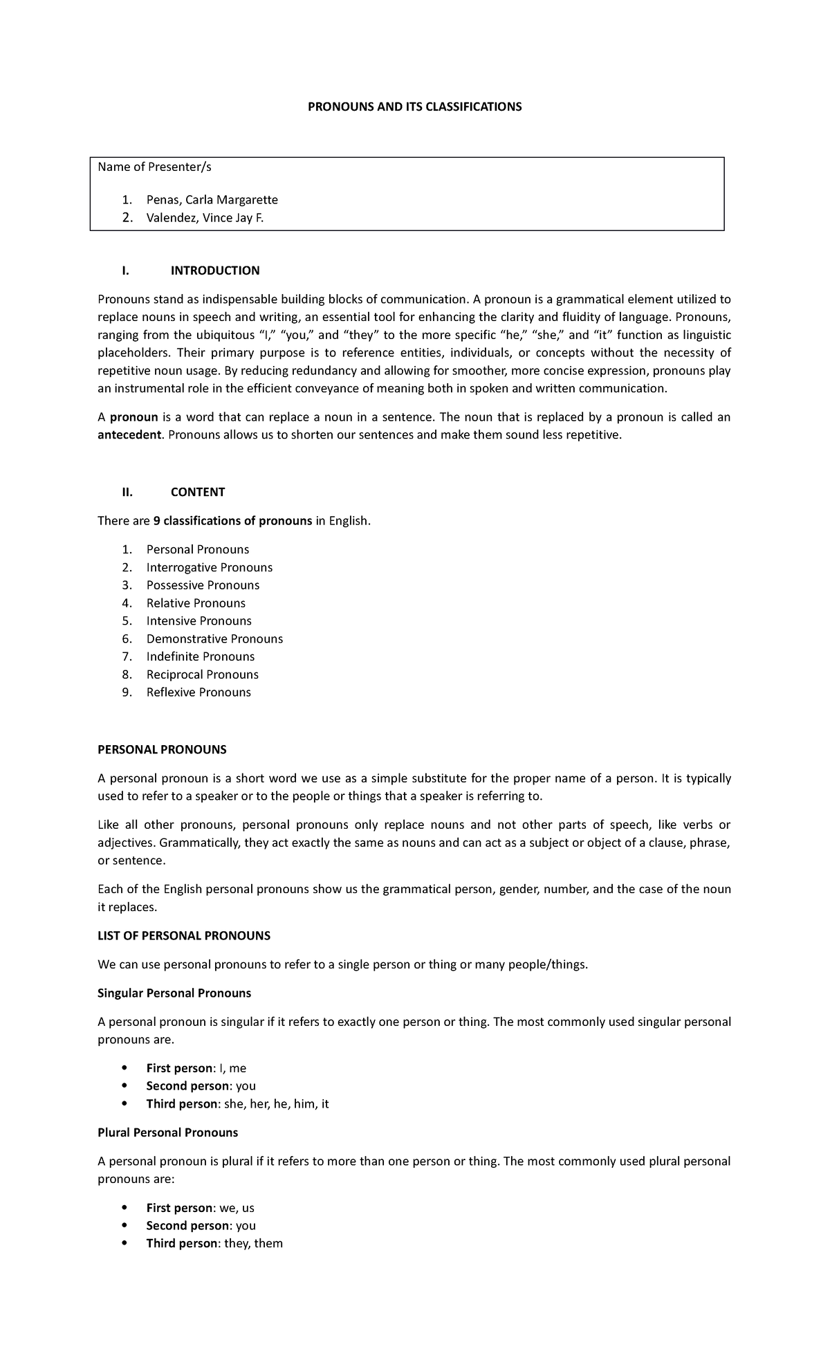 Pronouns AND ITS Classifications - PRONOUNS AND ITS CLASSIFICATIONS ...