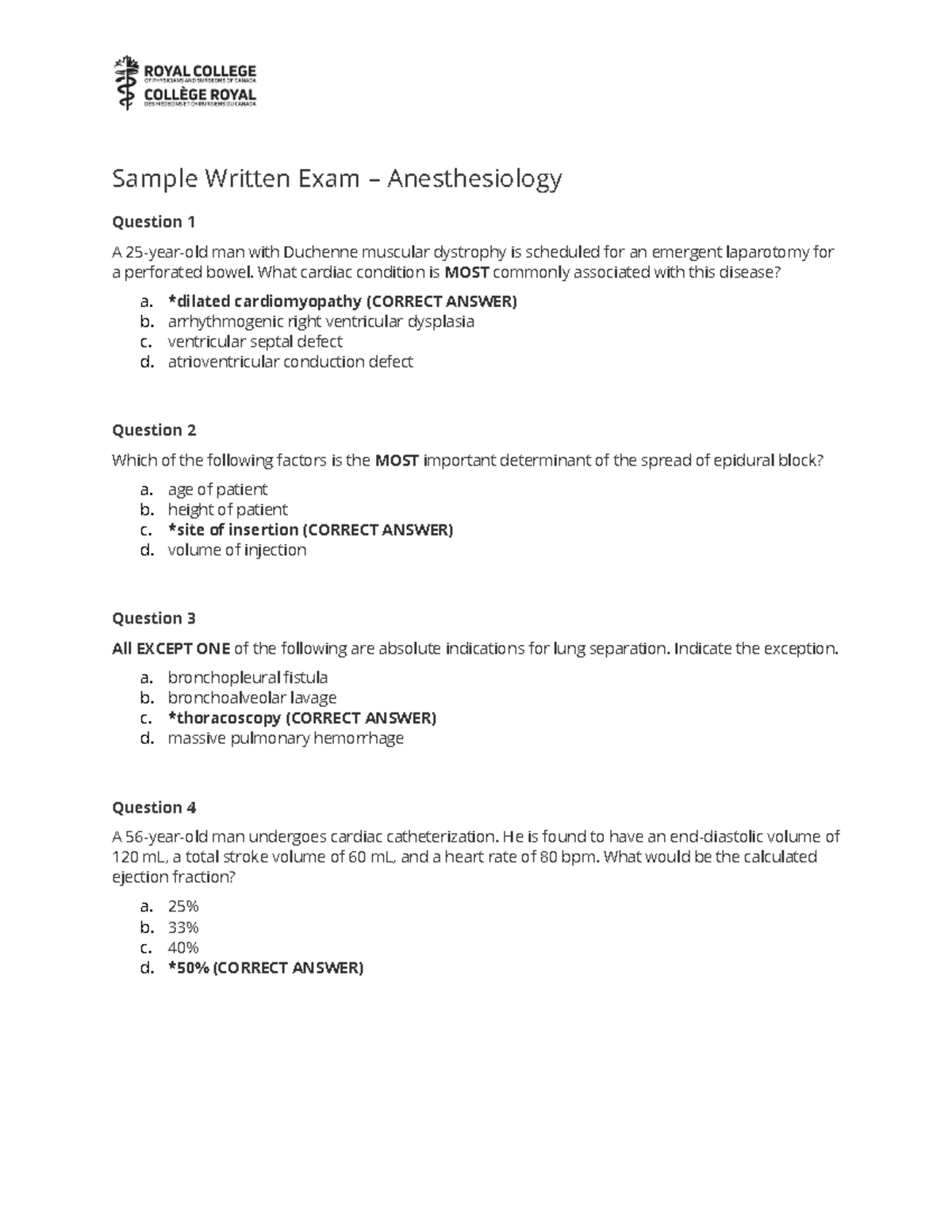 Anesthesiology mcq sample exam e - Sample Written Exam – Anesthesiology ...